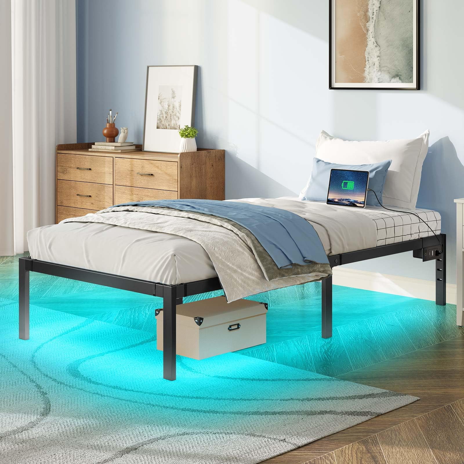 Twin Size Bed Frame with USB Charging Ports and LED Lighting, Heavy ...