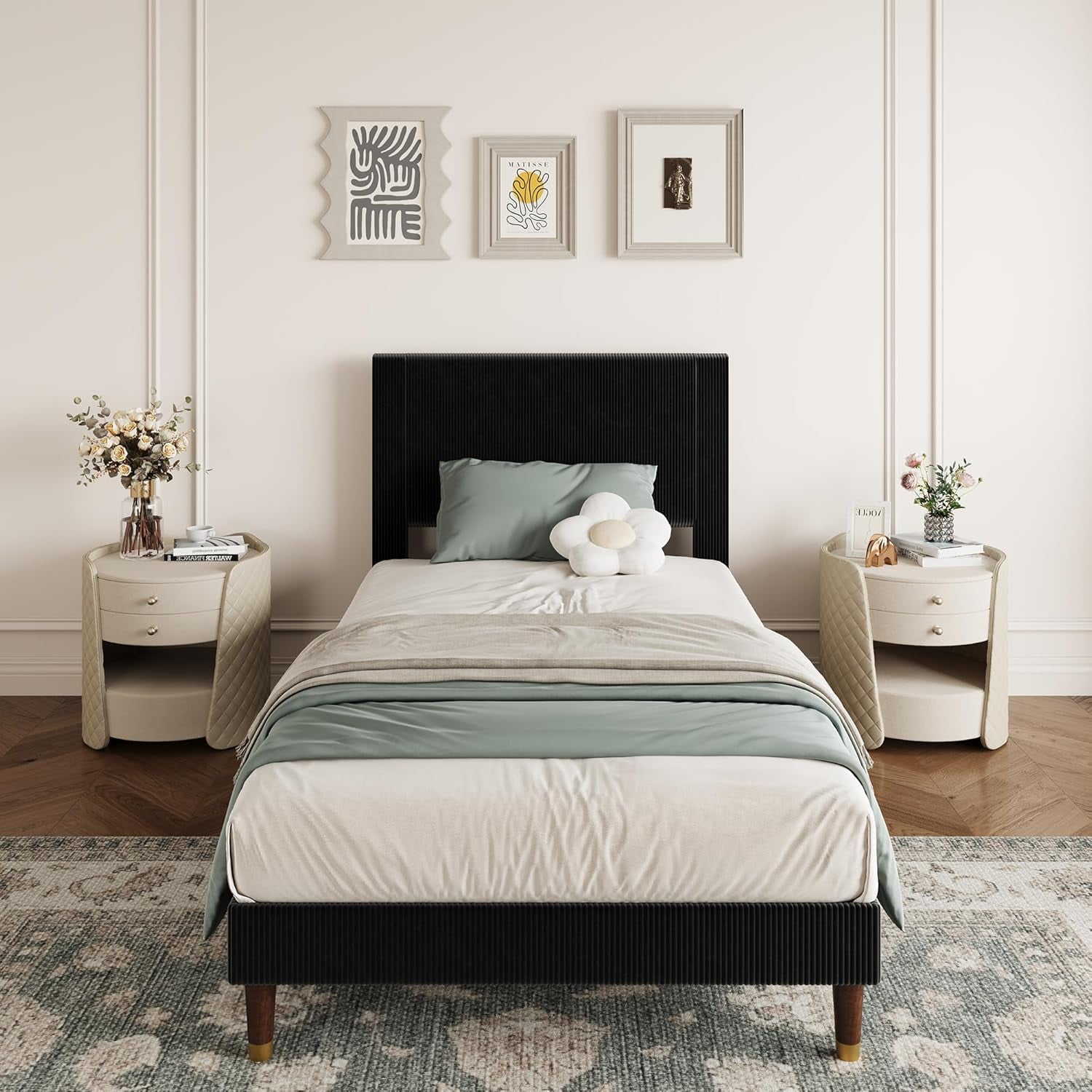 Twin Size Bed Frame with Upholstered Headboard and Strong Wooden Slats ...