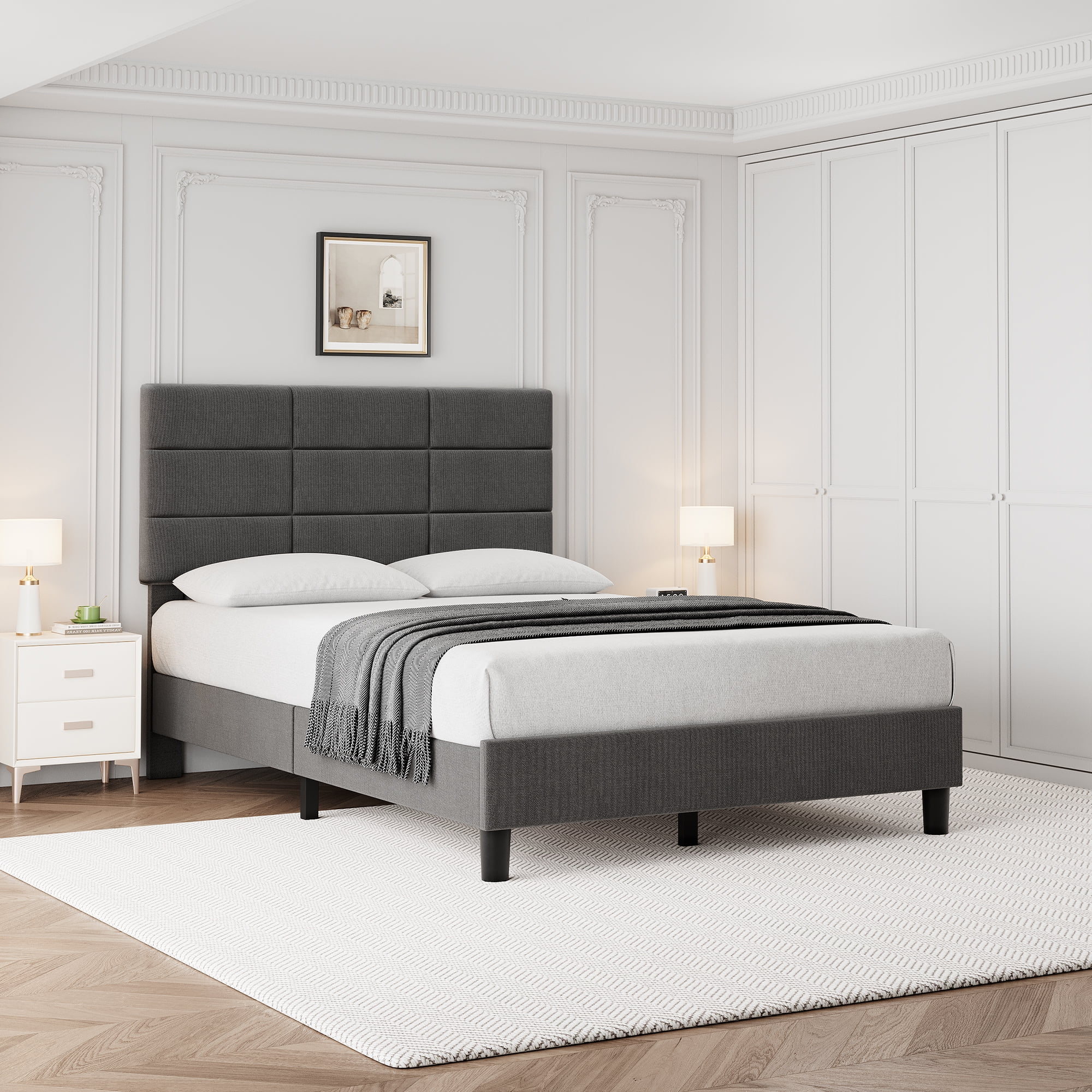 Twin Size Bed Frame with Adjustable Headboard, Linen Upholstered Twin ...