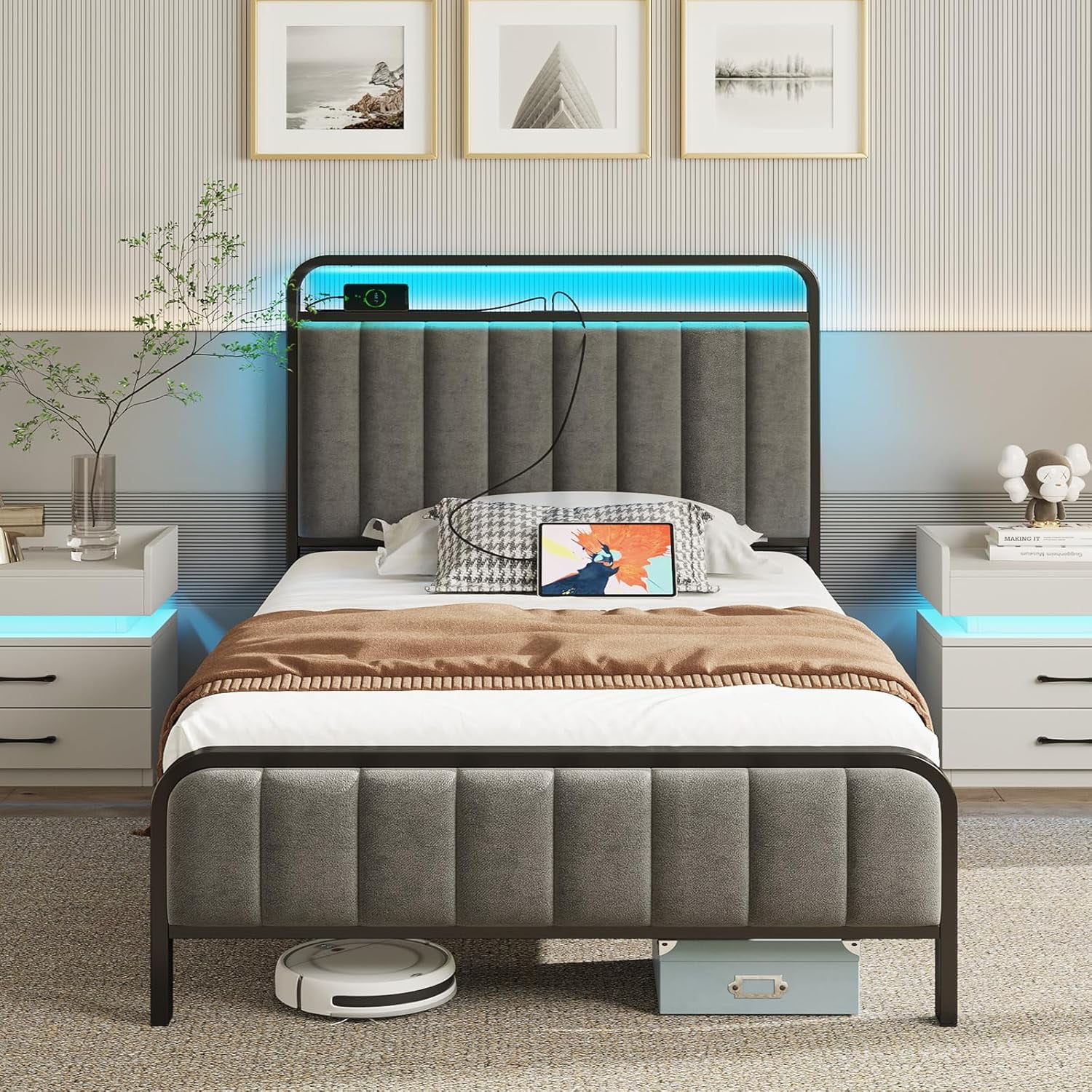 Twin Size Bed Frame with LED Light and Charging Station, Upholstered ...