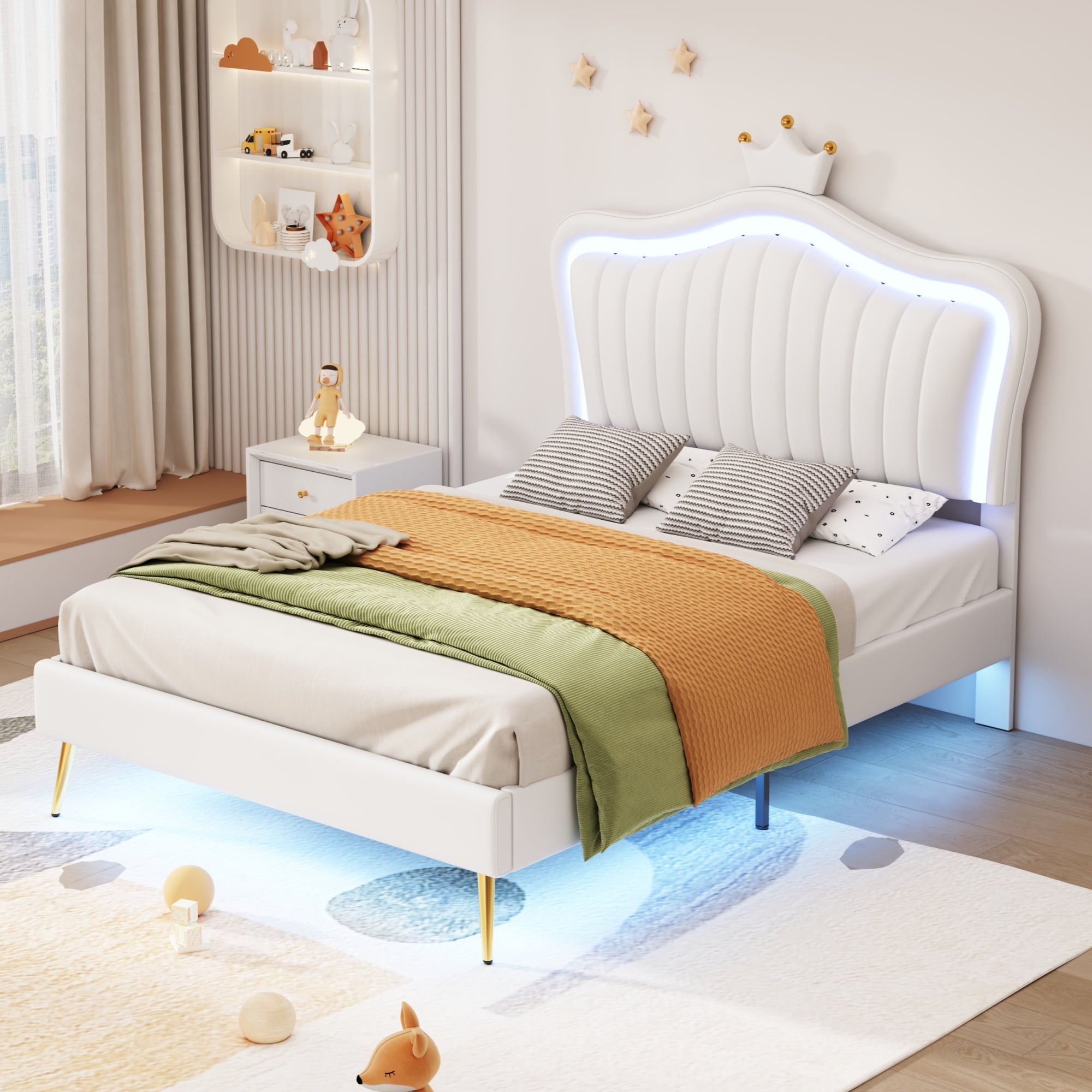 Twin Size Bed Frame with LED Lights,Modern Upholstered Princess Bed ...