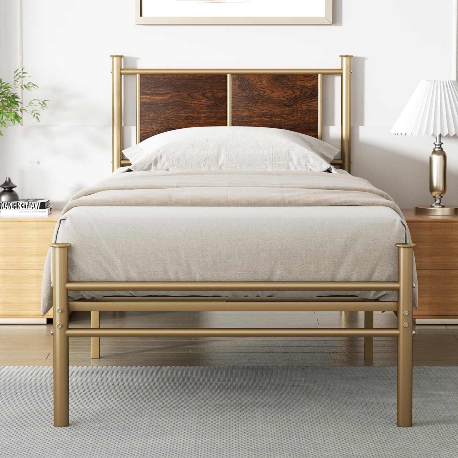Twin Size Bed Frame with Rustic Wood Headboard, Metal Heavy Duty ...