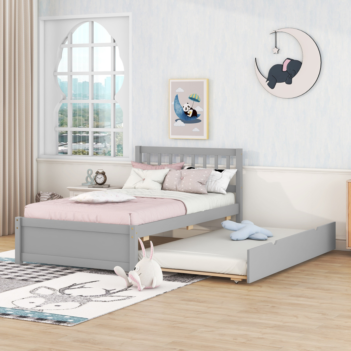 Twin Size Bed Frame with Trundle, Solid Wooden Platform Twin Bed with ...
