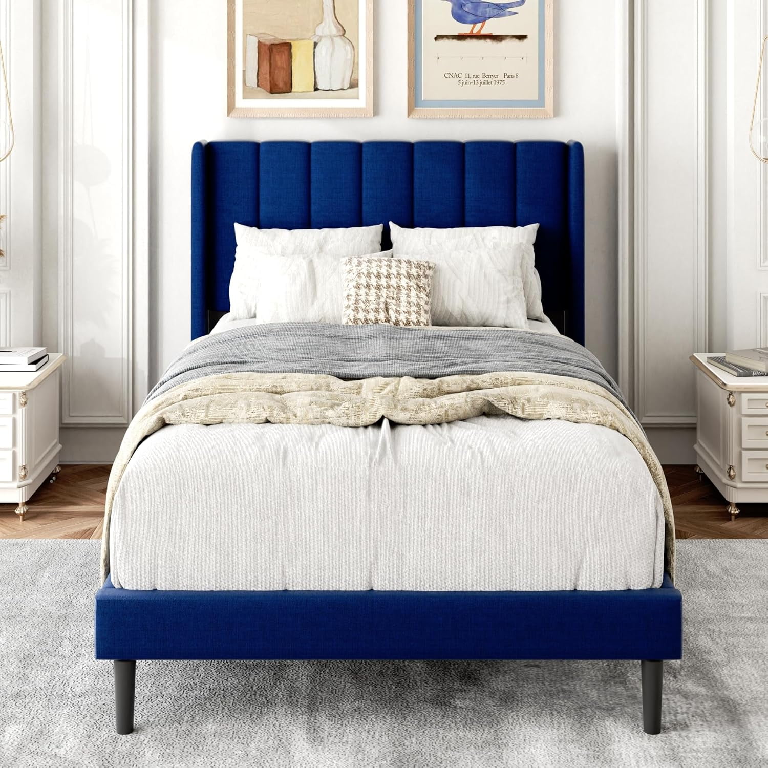 Twin Size Bed Frame with Upholstered Wingback Headboard, Easy Assemnly ...