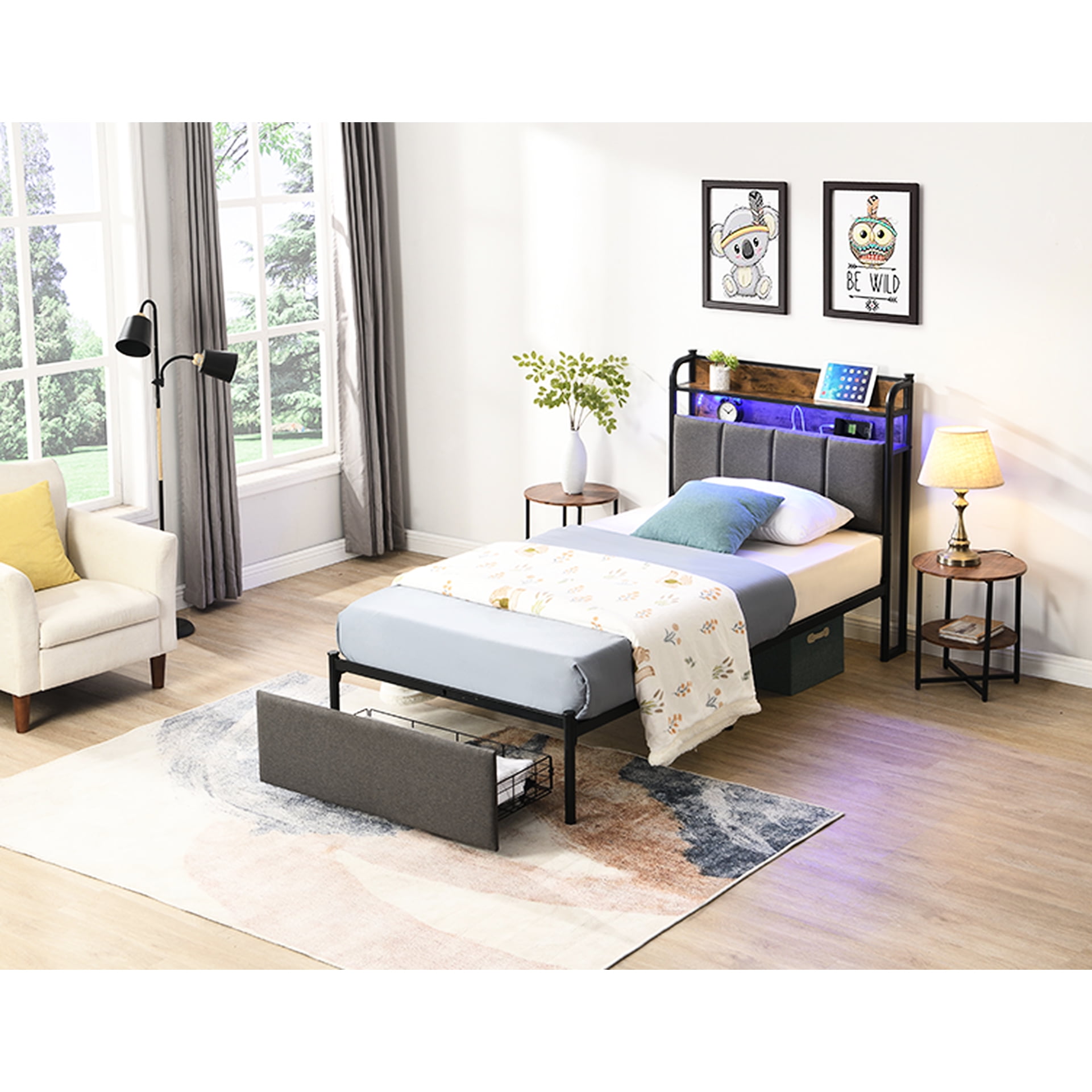 Twin Size Bed With Solid Foundation & Headboard Lights - Upholstered Storage Breathable ...