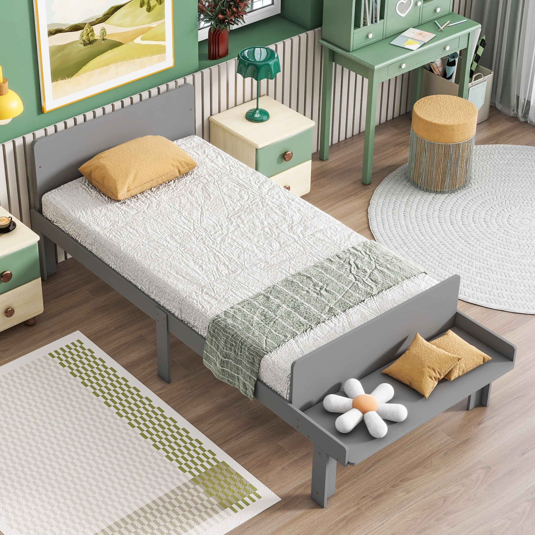 Twin Size Bed with Footboard Bench, Wooden Bed Frame with Open Storage ...