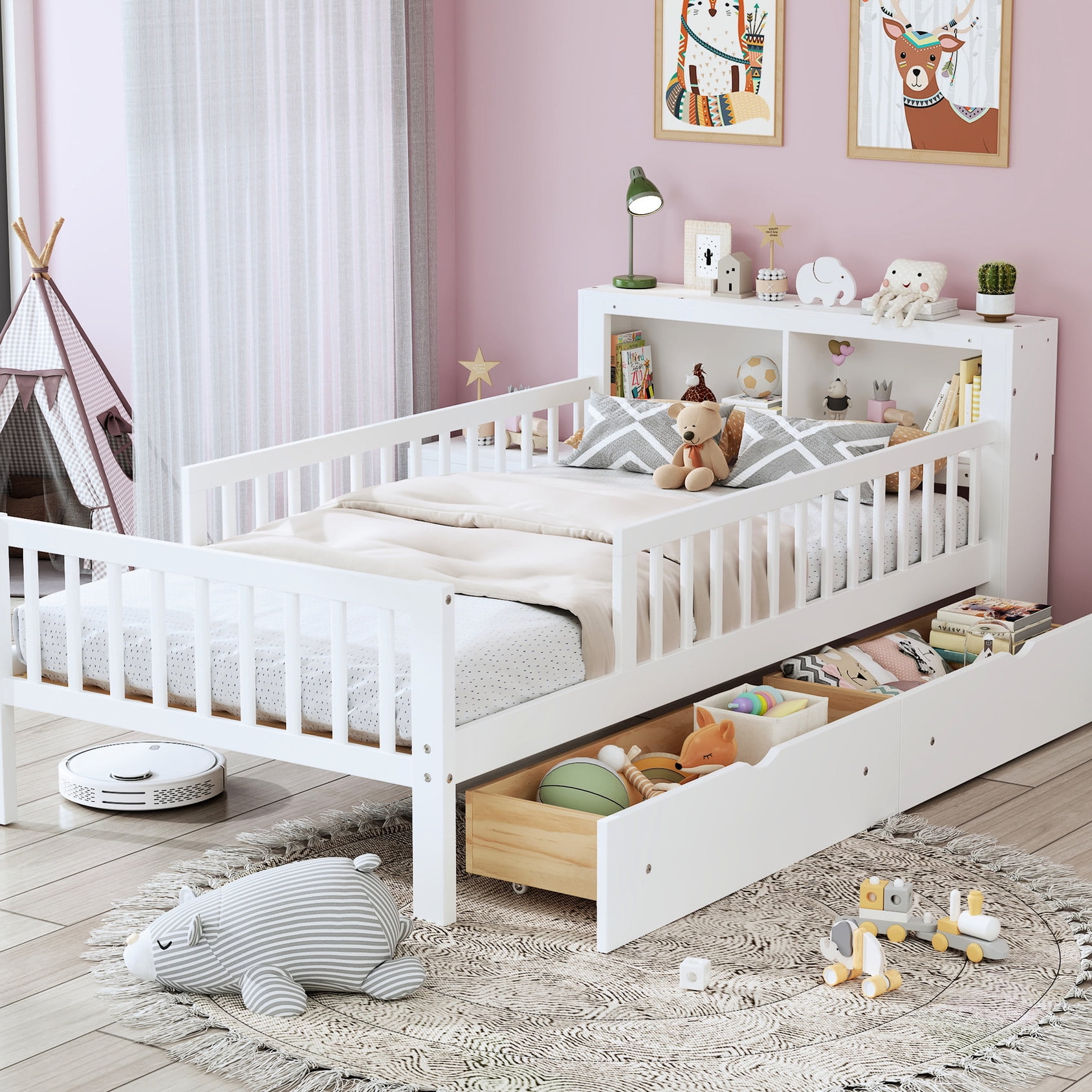 Twin Size Bed with Headboard Compartments & Safety Features | Under-Bed Drawers, Sturdy MDF ...