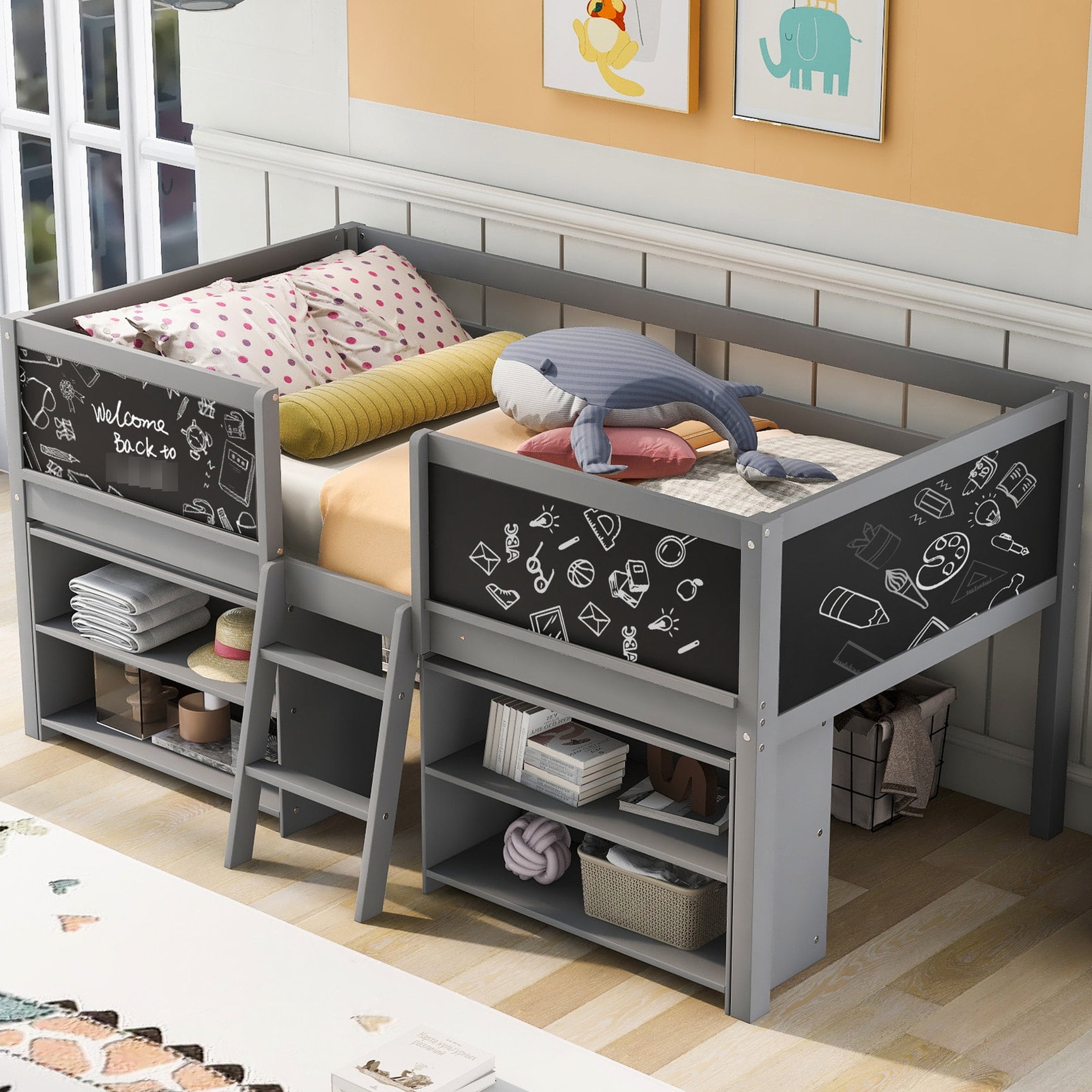Twin Size Bed with Low Loft / Gray Color, Two - Tier Shelves and Ladder ...