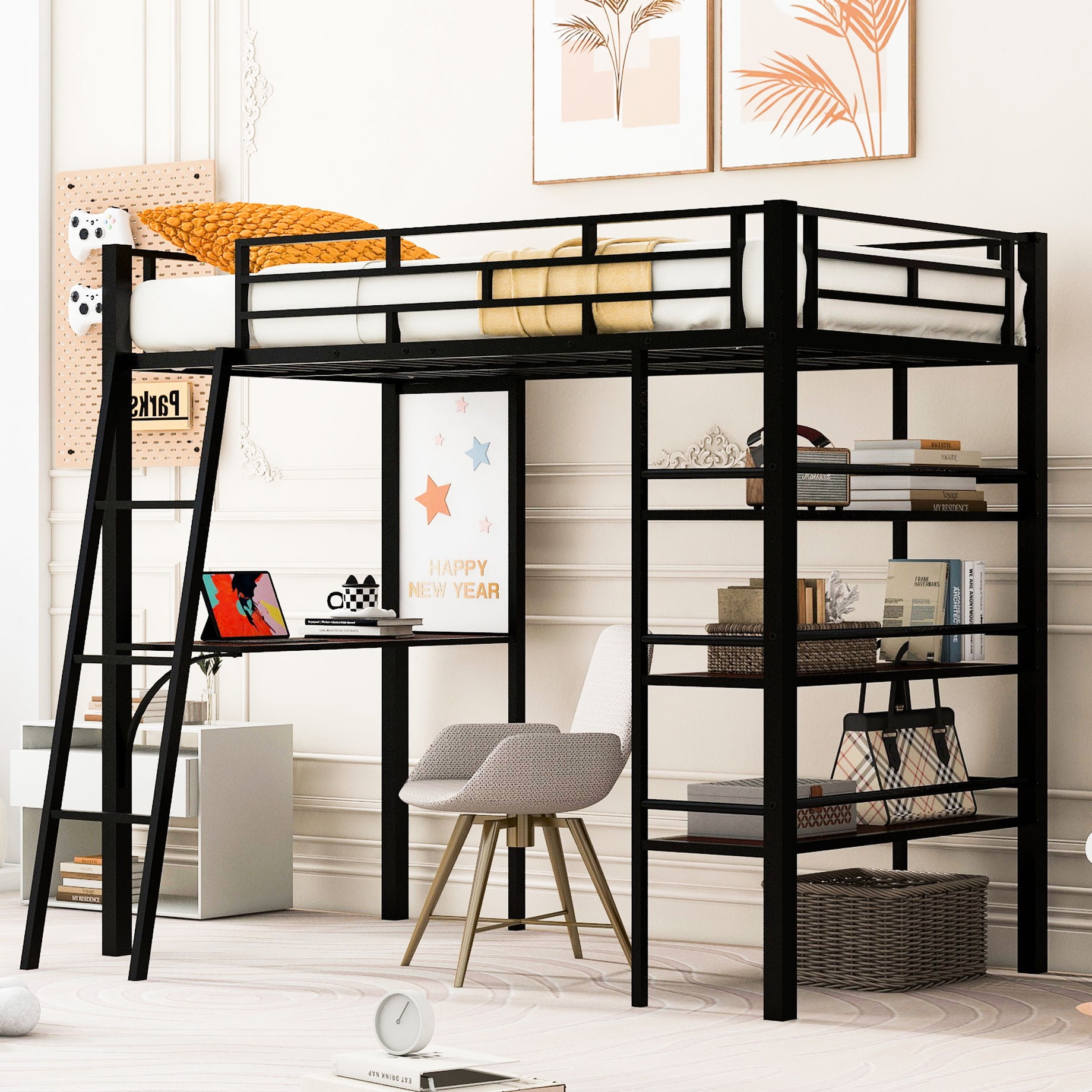 Twin Size Black Metal Loft Bed with 3-Layer Shelves and Desk for ...