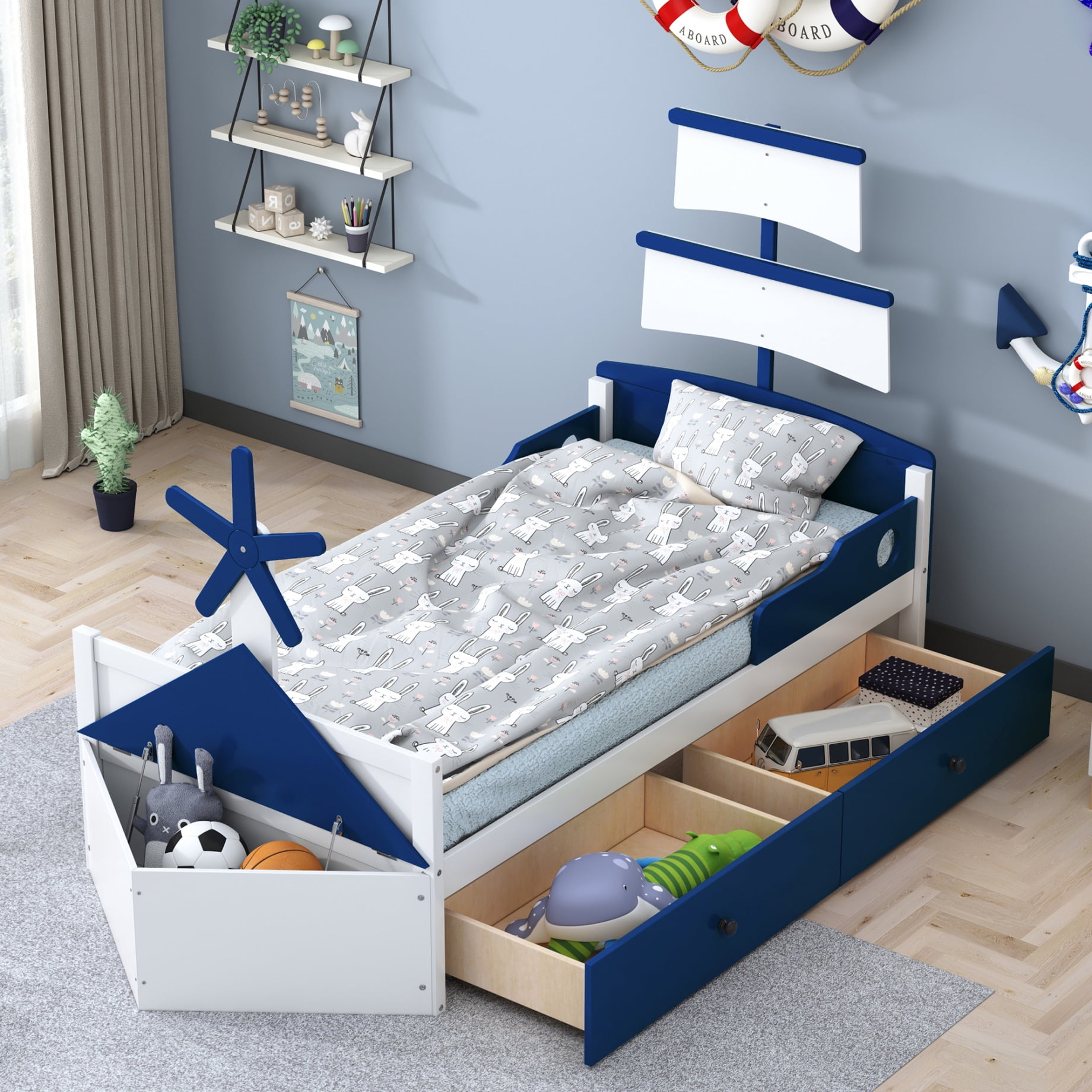 Twin Size Boat-Shaped Bed for Kids Teens, Pinewood Platform Bed Frame with 2 Drawers, Boat ...