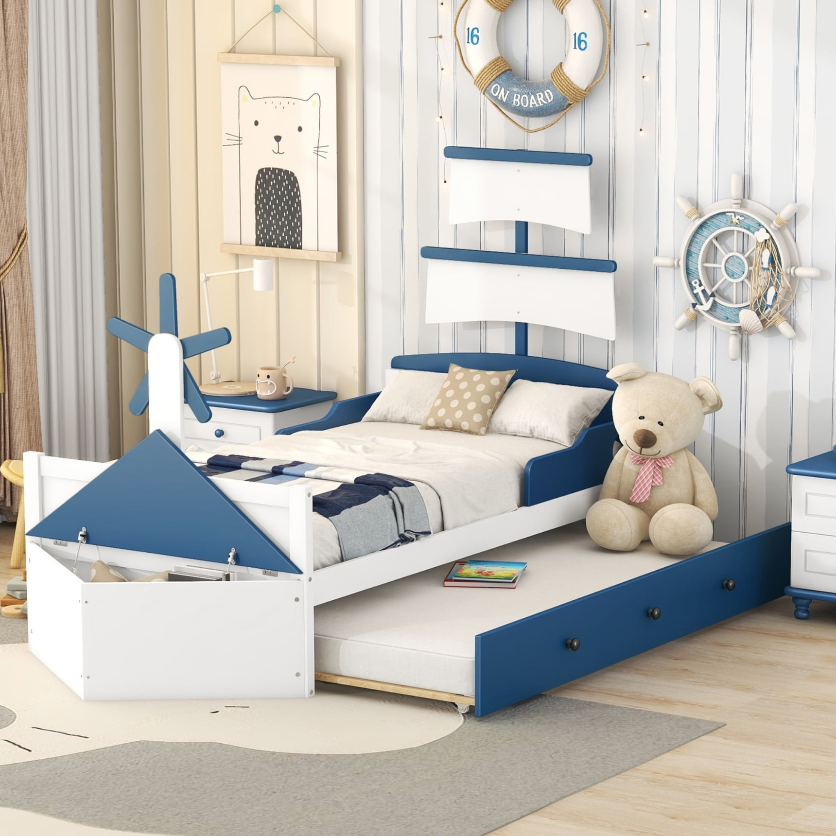 Twin Size Boat-Shaped Bed for Kids Teens, Pinewood Platform Bed Frame with Twin Size Trundle ...