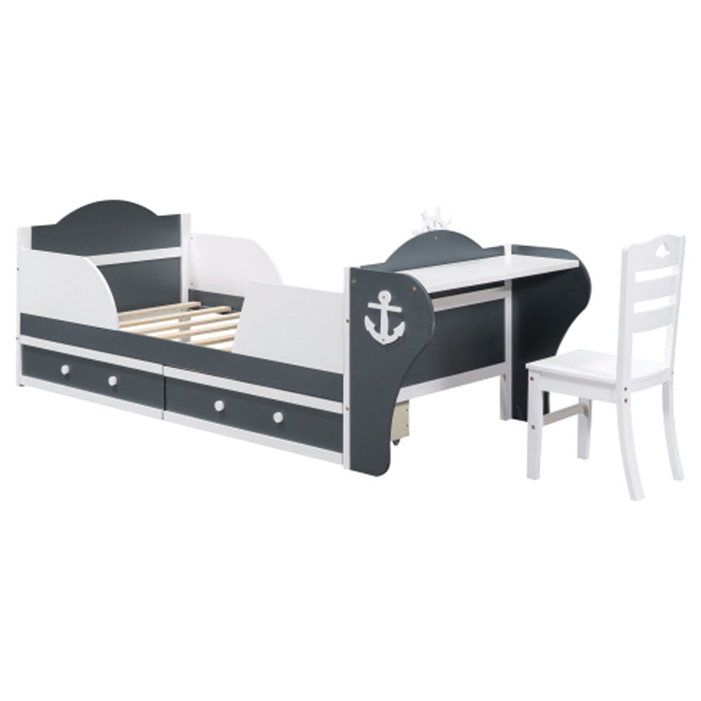 Twin Size Boat-Shaped Platform Bed with Two Drawers,Twin Bed with Desk ...