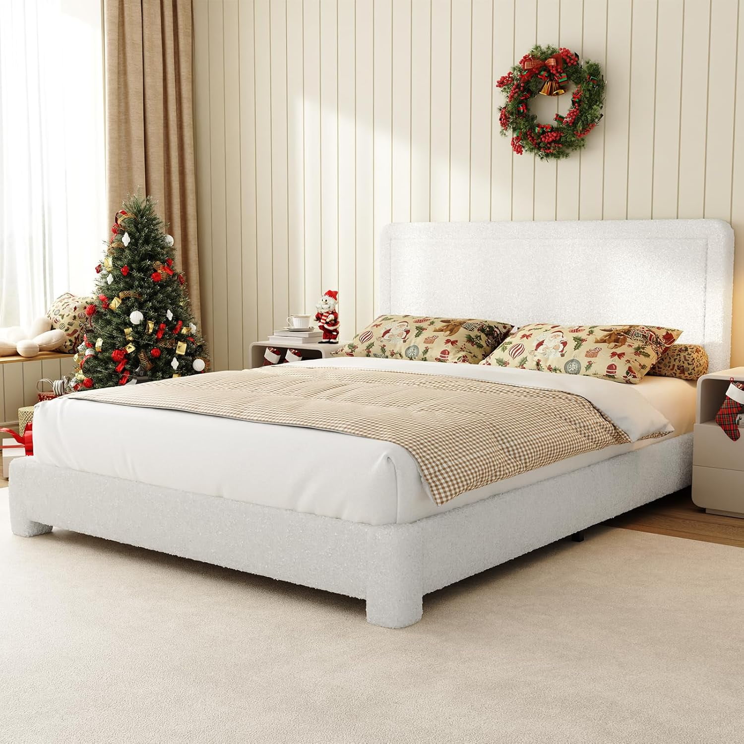 Twin Size Boucle Bed Frame, Soft Teddy Fabric Bed Frame with Headboard ...