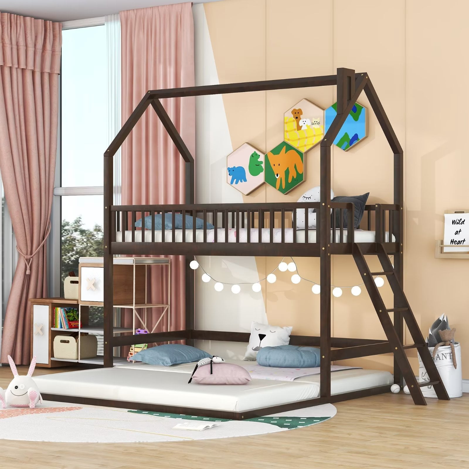 Twin Size Bunk Bed Frame for 3 Children, Extending Wooden Triple Bunk ...
