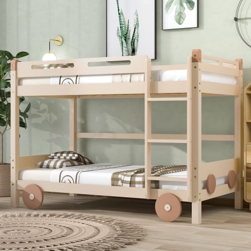 Twin Size Bunk Bed Frame, Car-Shaped Convertible Bed with Wheels, Space ...