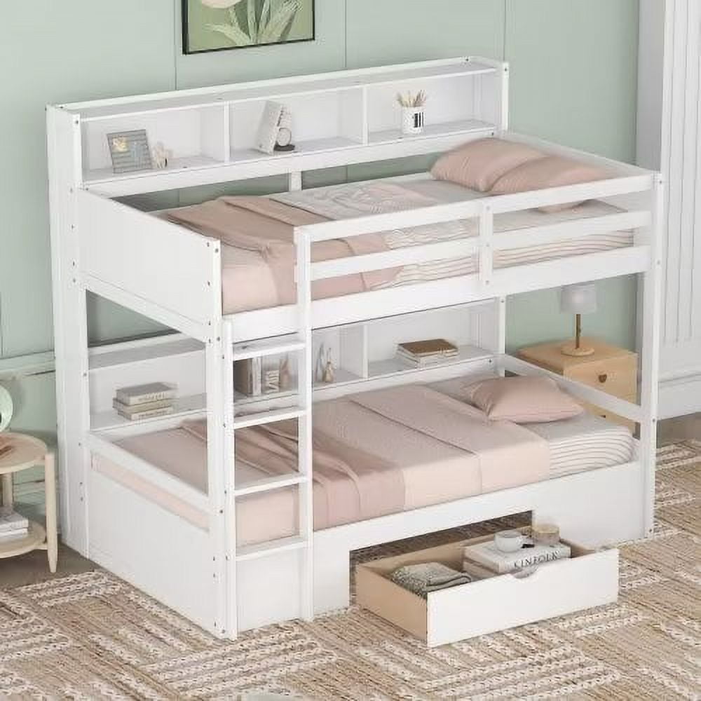 ARCTICSCORPION MDF Twin-over-Twin Bunk Bed with Built-in Shelves, White ...