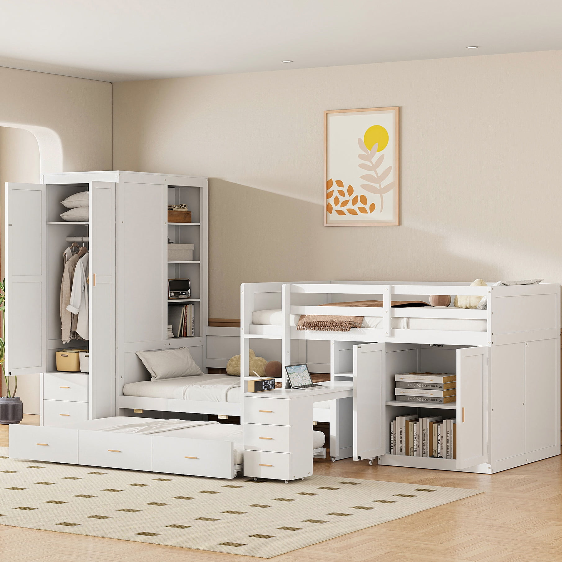 Twin Size Bunk Bed With Trundle, 2 Cabinets, Wardrobe, Desk, White ...