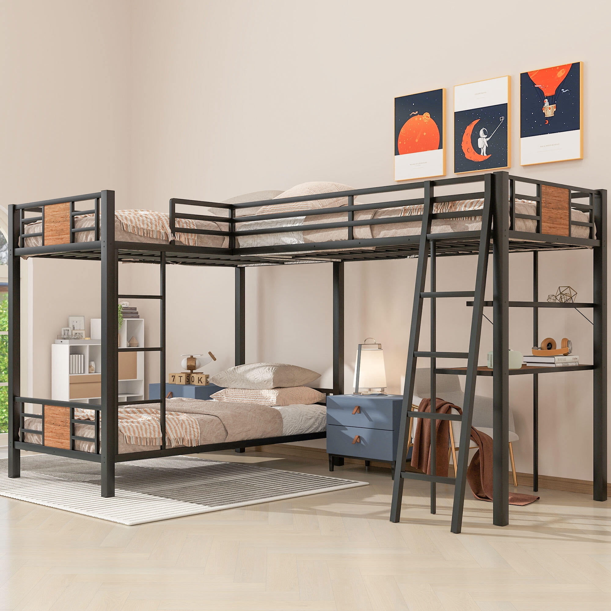 Twin Size Bunk Beds Bed Frames L-Shaped Twin over Twin Bunk Bed with ...