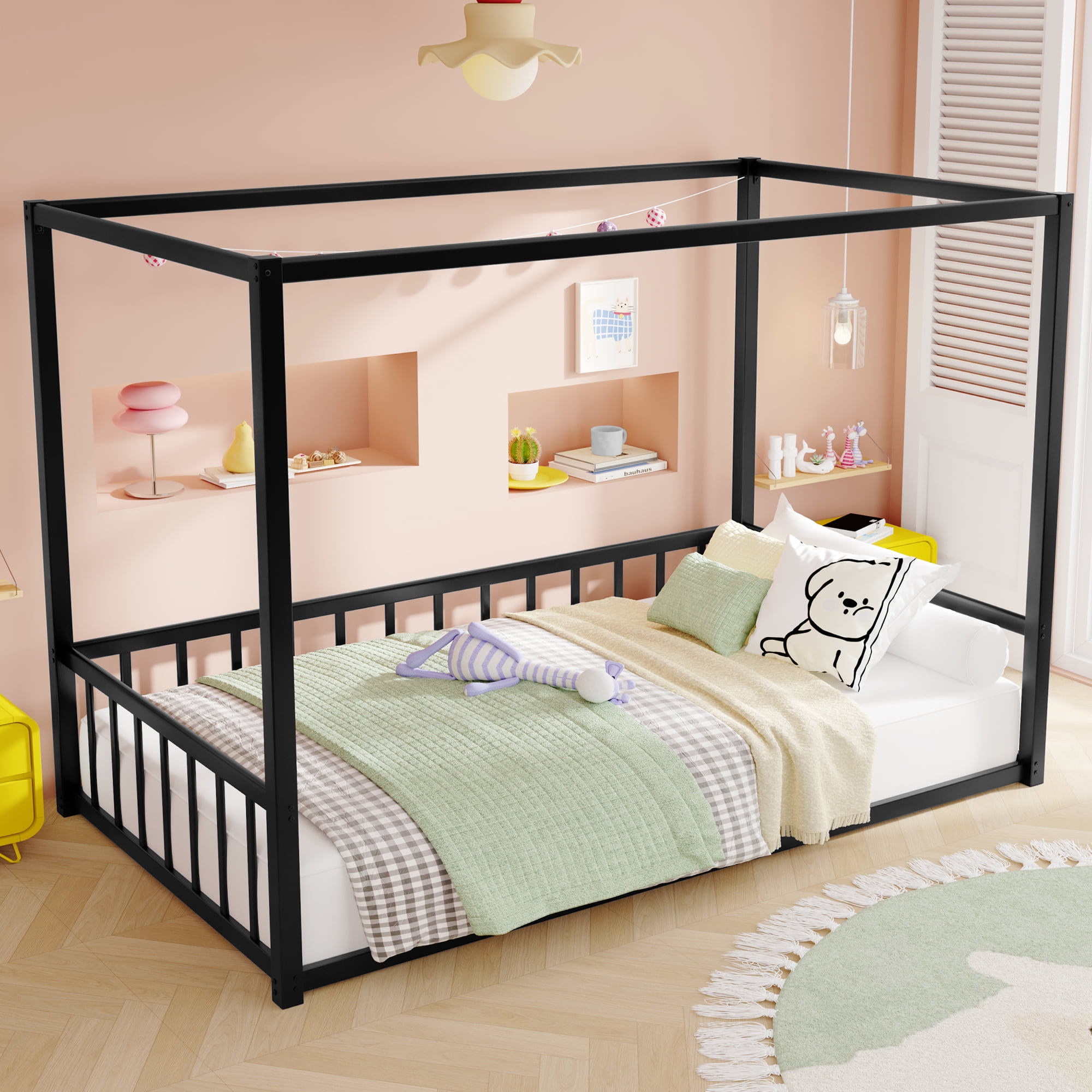Twin Size Canopy Bed Frame with 4 Posters and Guardrails,Twin Size ...