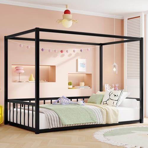 Twin Size Canopy Bed Frame with 4 Posters and Guardrails, Twin Size ...