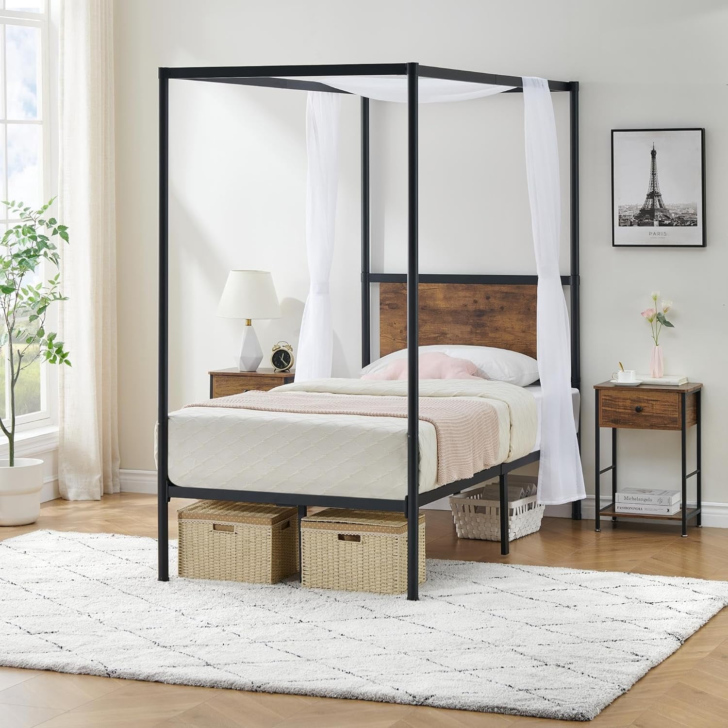 Twin Size Canopy Bed Frame with Headboard, Four-Poster Platform Metal ...