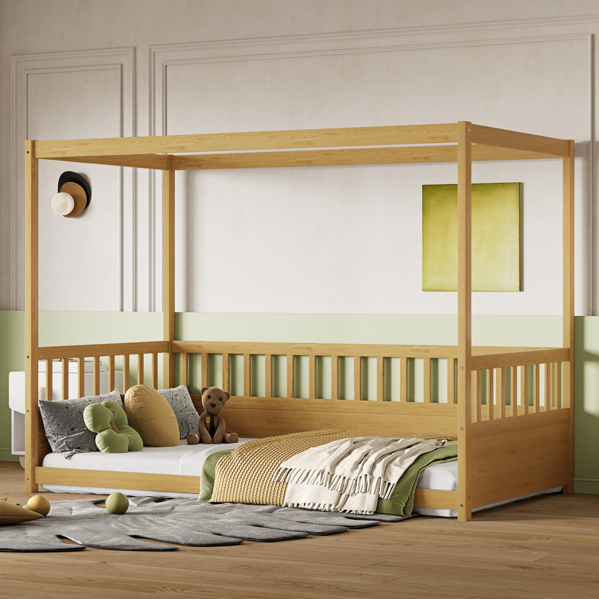 Twin Size Canopy Bed Frame with Secure Double Guardrails, Natural Pine ...