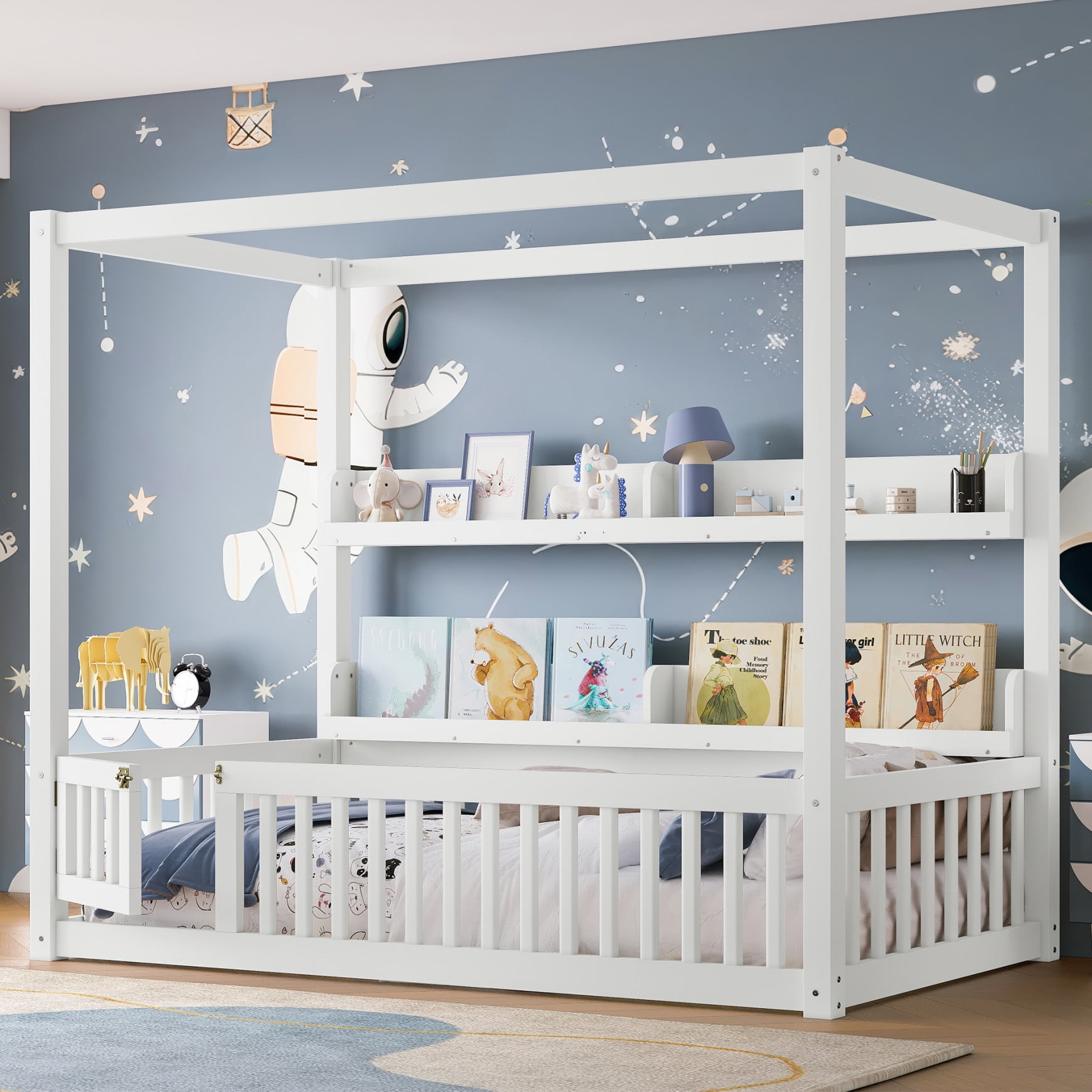 Twin Size Canopy Bed Frame with 2 Tier Storage Shelves, Solid Wood ...