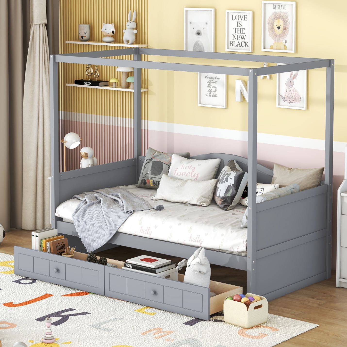 Twin Size Canopy Bed with 2 Drawers, Four-Poster Wood Platform Bed ...