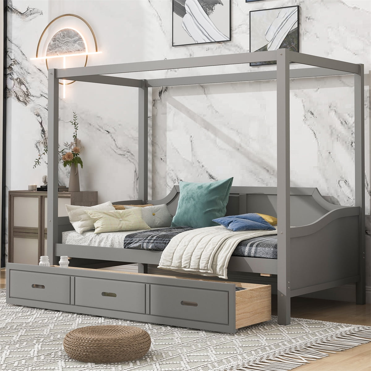 Grey Twin Size Canopy Daybed with Drawers Wooden Frame Modern Design for Kids Teens Adults Walmart
