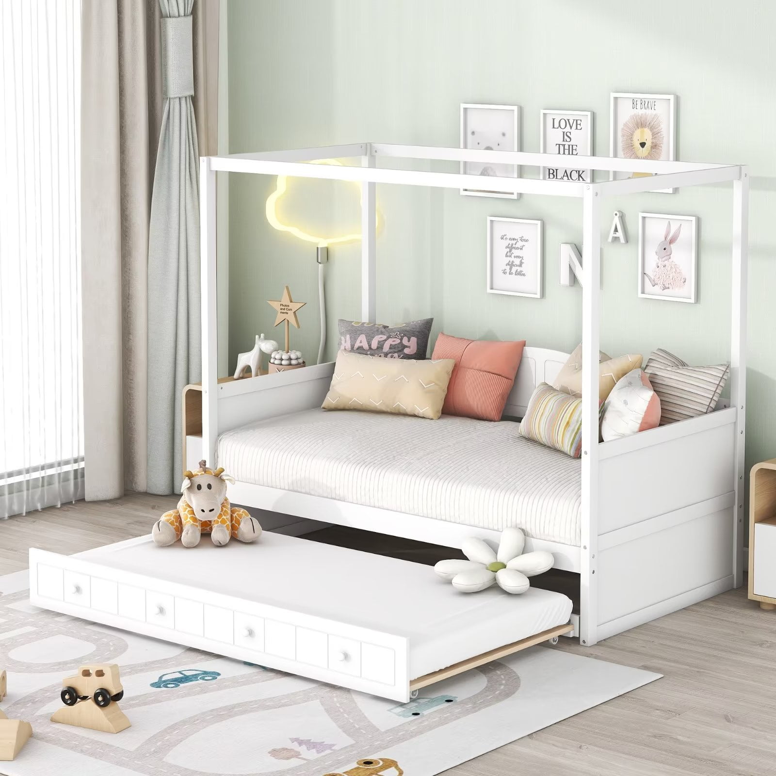 Twin Size Canopy Daybed with twin size Trundle, Wooden Platform Bed ...