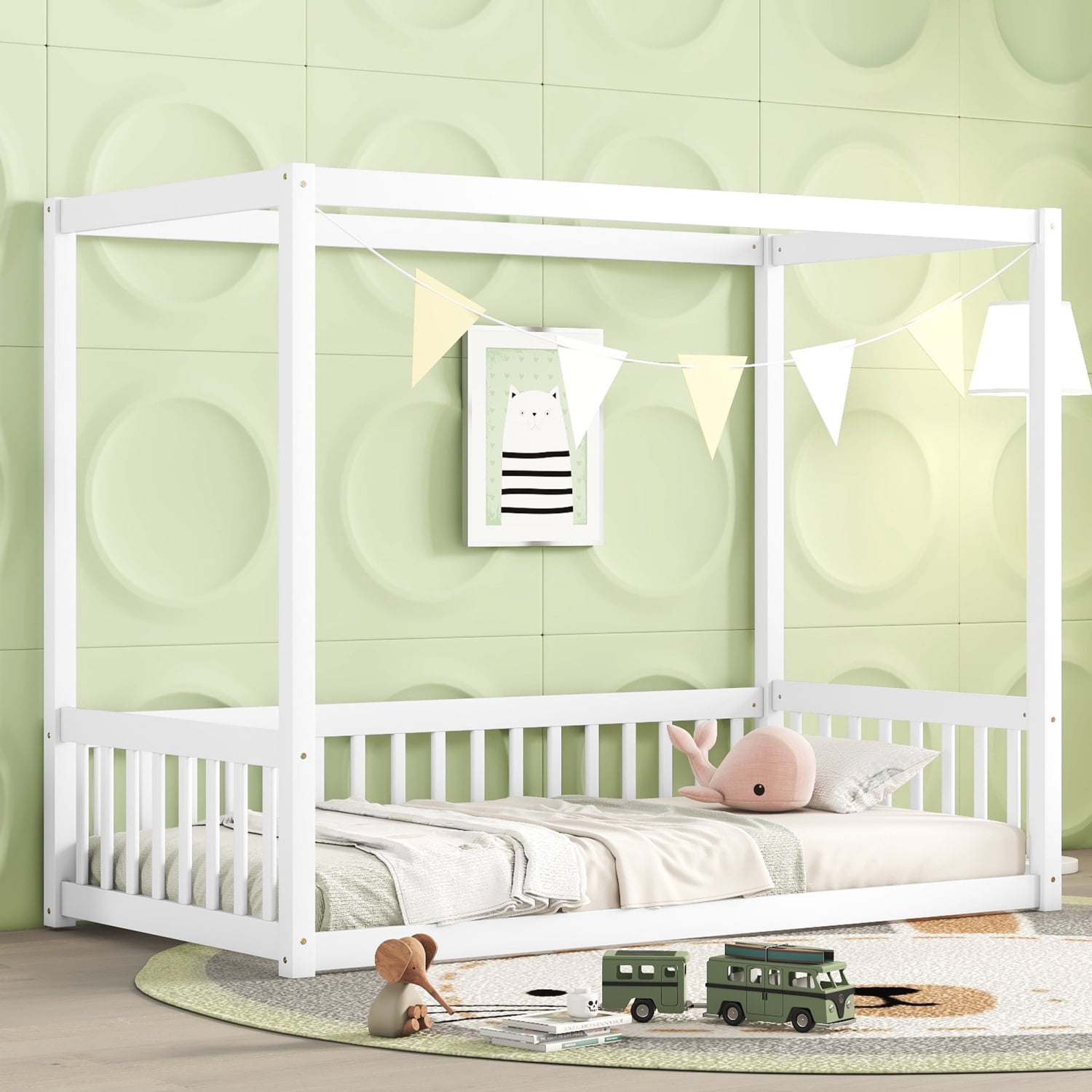 Twin Size Canopy Frame Floor Bed with Fence Guardrails White - Walmart.com