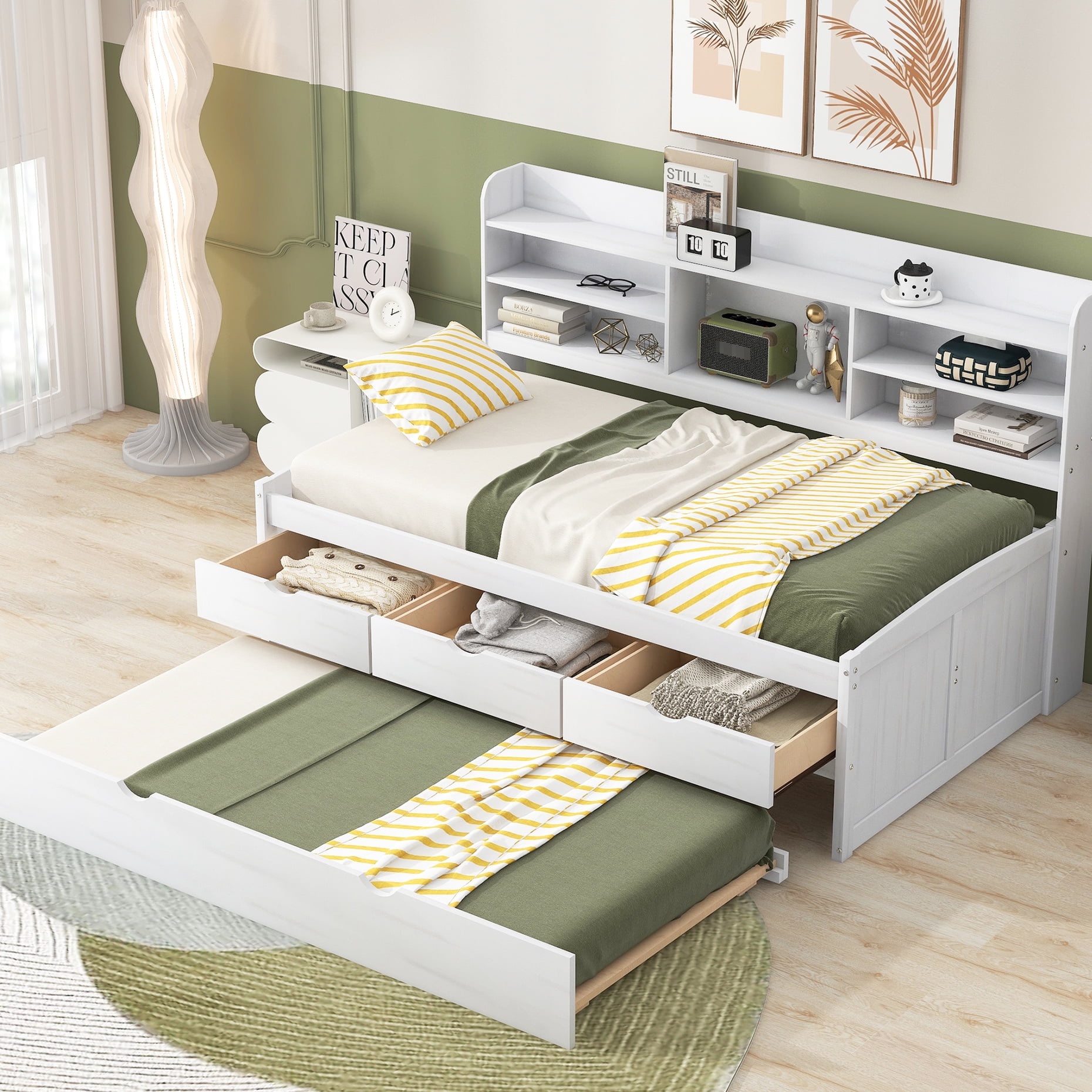 Twin Size Captain Bed With Built-in Shelving, Three Storage Drawers And ...