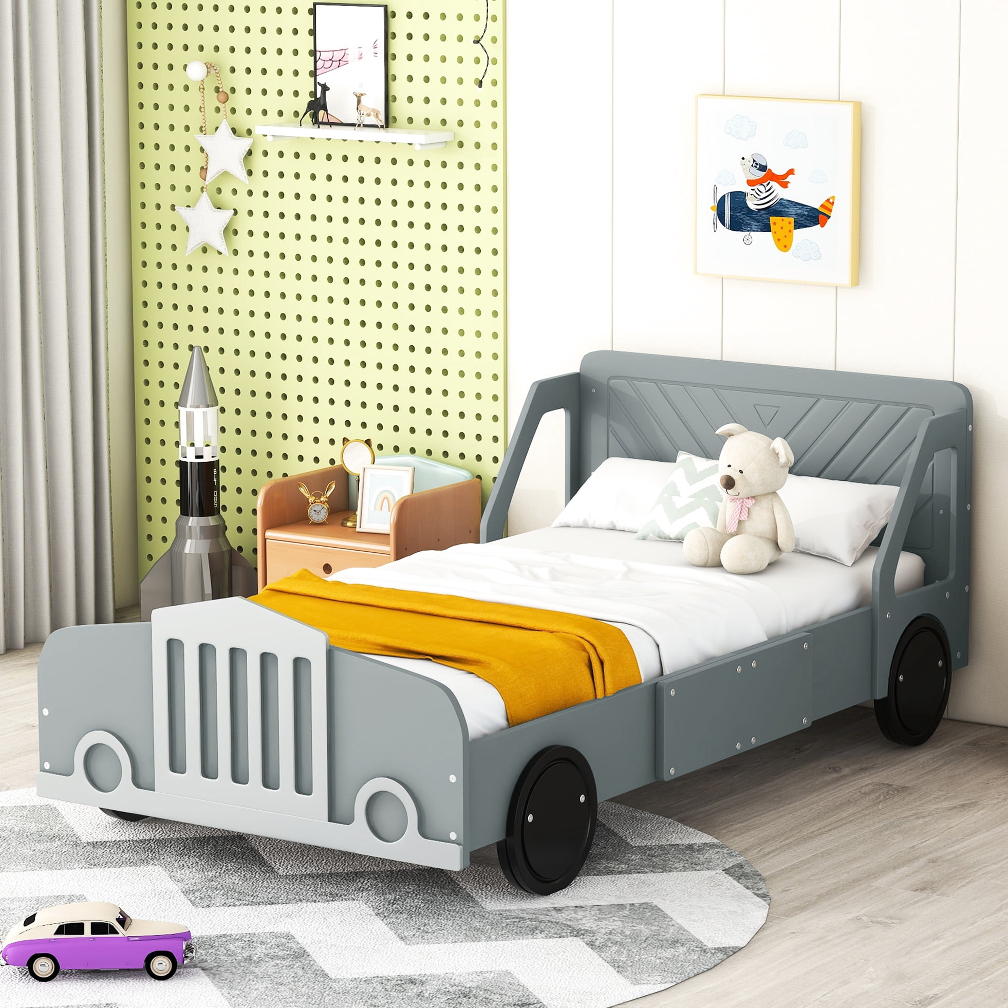 Twin Size Car Bed With Wheels, Gray - Plywood And Crafted For Support ...