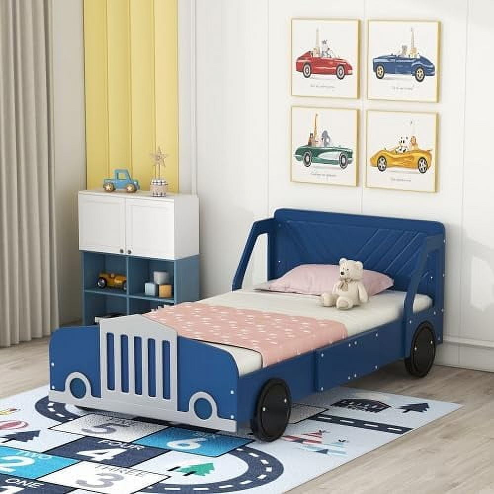 Twin Size Car Bed for Kids, Wood Platform Bed with Wheels, Headboard ...