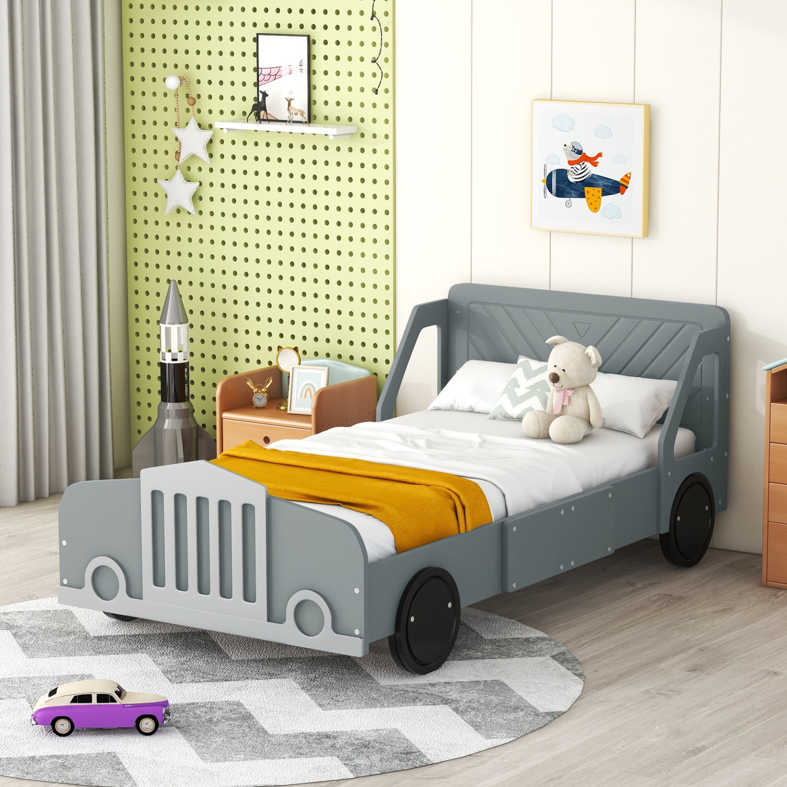 Twin Size Car-Shaped Platform Bed with Wheel, Kids Platform Bed Frame ...