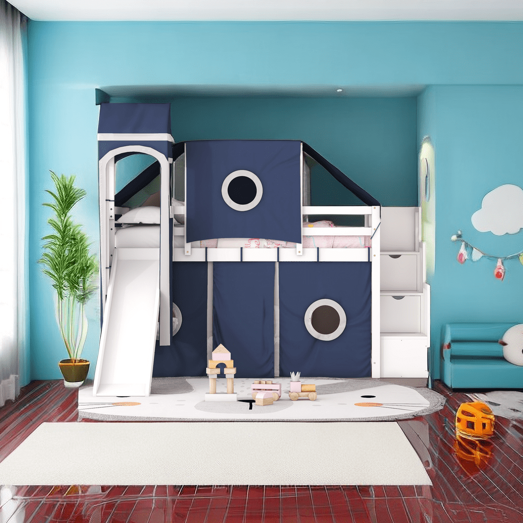 Twin Size Castle Loft Bed with Blue Tent and Tower,Wood Twin Loft Bed ...