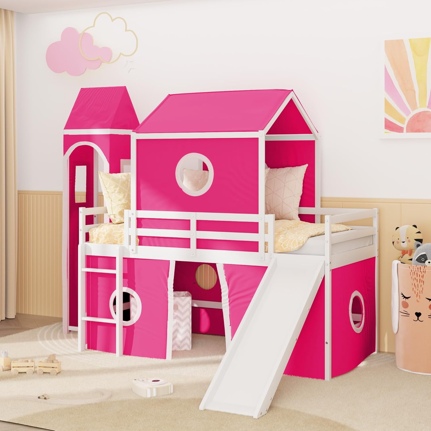 Twin Size Castle Loft Bed with Window Design, Slide, Tent and Tower ...