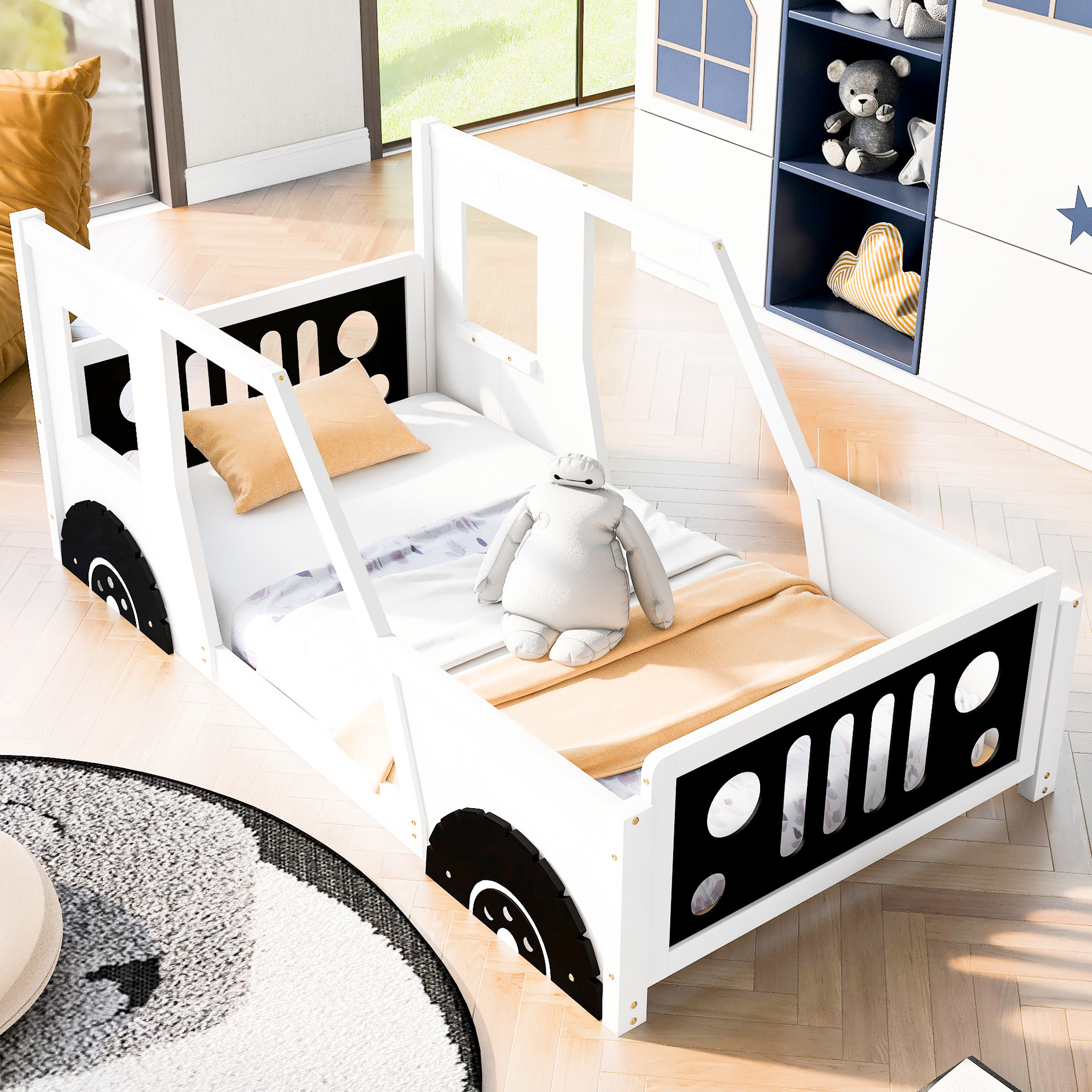 Twin Size Classic Car Bed With Wheels, White - Resilient Pine Wood And ...