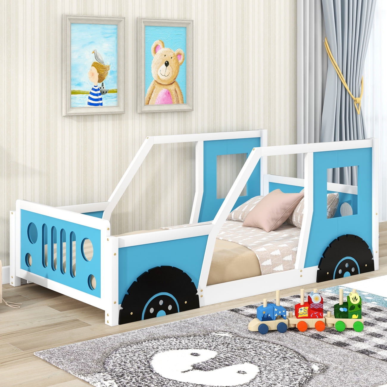 Twin Size Classic Car-Shaped Floor Bed, Wood Platform Bed with Wheels ...