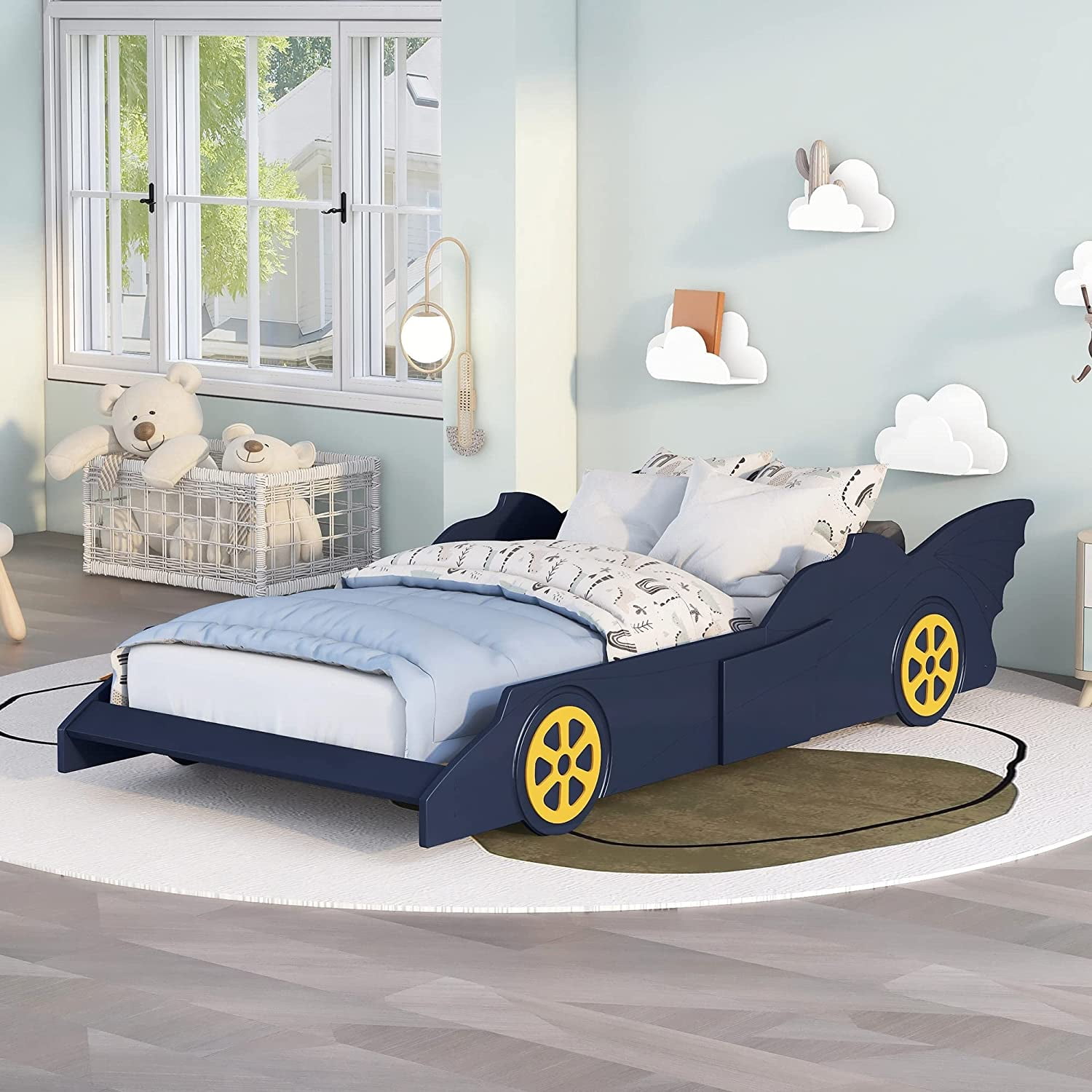 Twin Size Classic Car-Shaped Platform Bed with Wheels Wood Car Bed ...