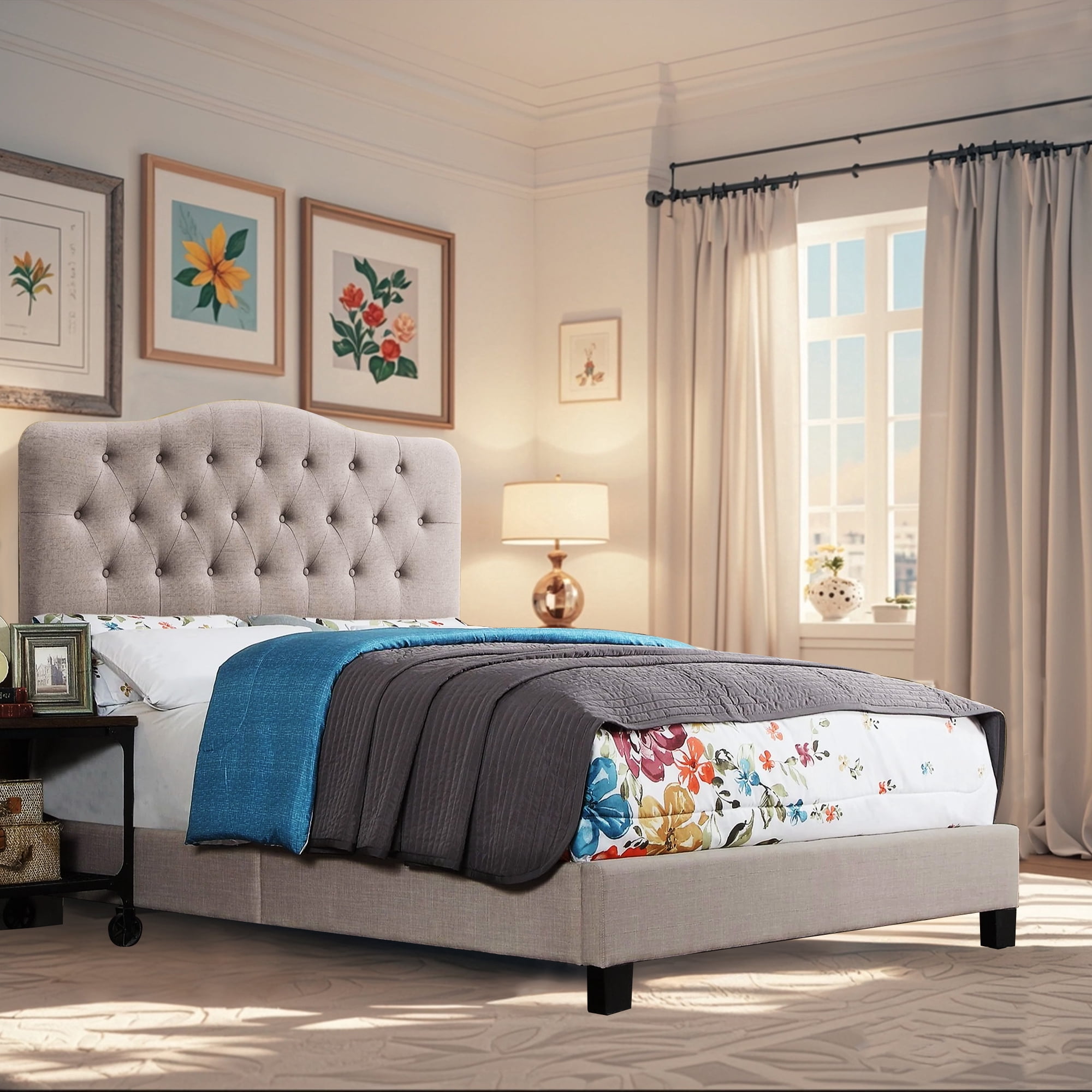 Twin Size Classical Bed Frame with Adjustable Button Tufted Headboard ...