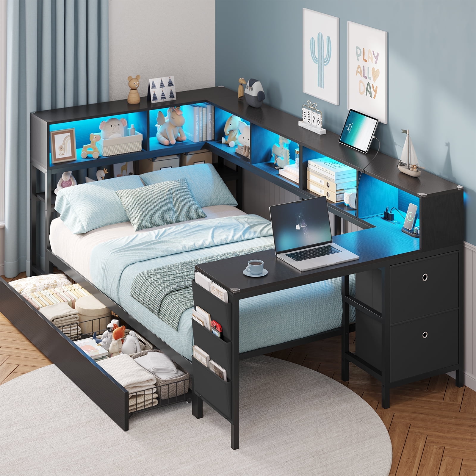 Twin Size Corner Bed Frame with Desk,Charging Station and Bookcase ...