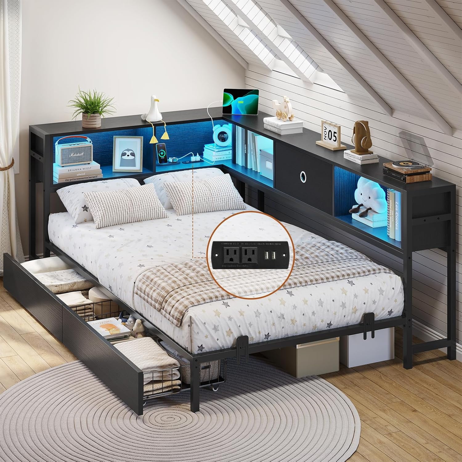 Twin Size Corner Bed Frame with Storage Bookcase,Twin Daybed with ...