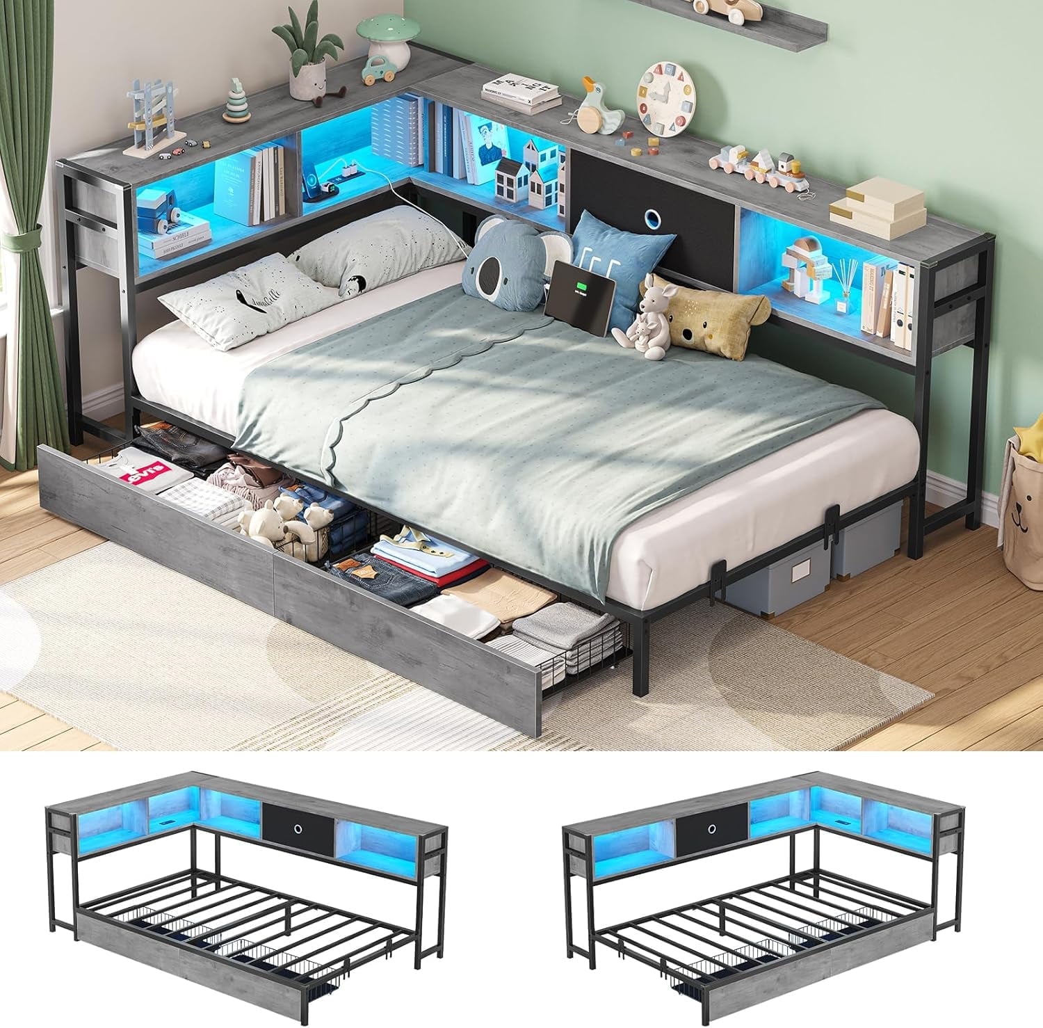 Twin Size Corner Bed Frame with 2 Storage Drawers, Twin Platform Bed ...