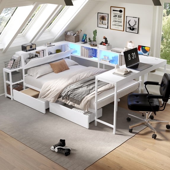 Twin Size Corner Bed Frame with Bookcase, 2 Underbed Drawers, LED Light ...