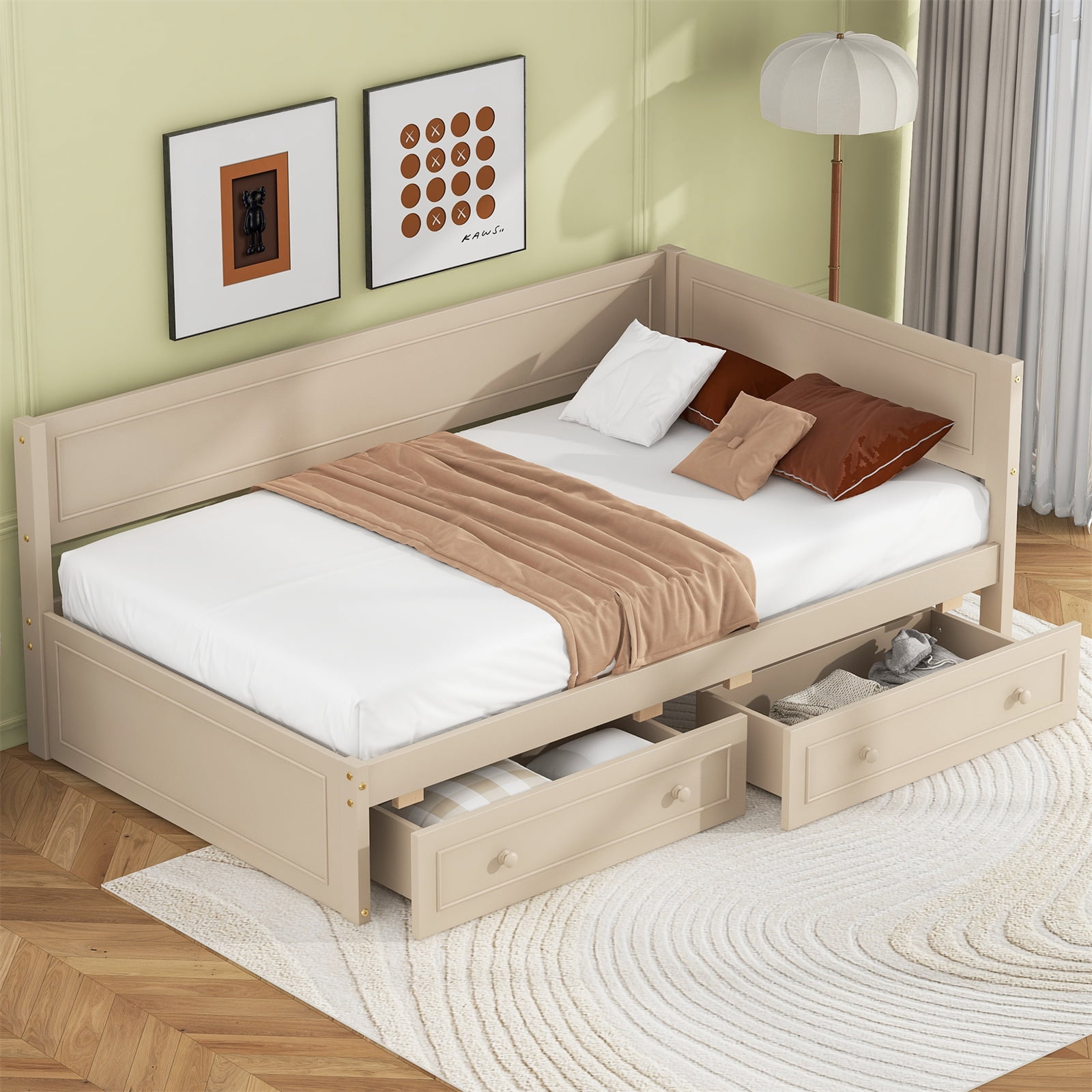 Twin Size Daybed with 2 Drawers and Safety Guardrail, L-Shaped Corner ...