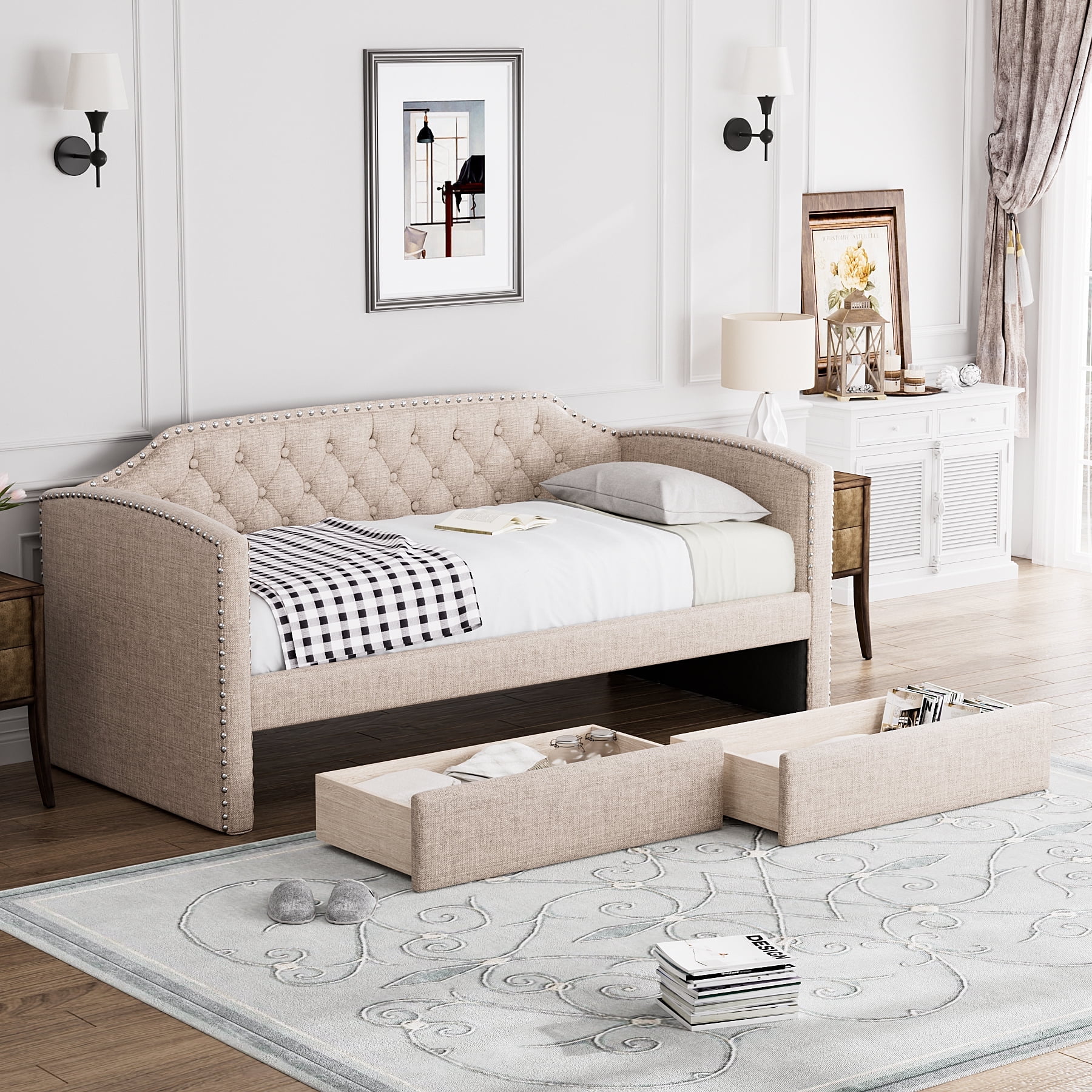 Twin Size Daybed with 2 Storage Drawers,Upholstered Daybed Frame with ...