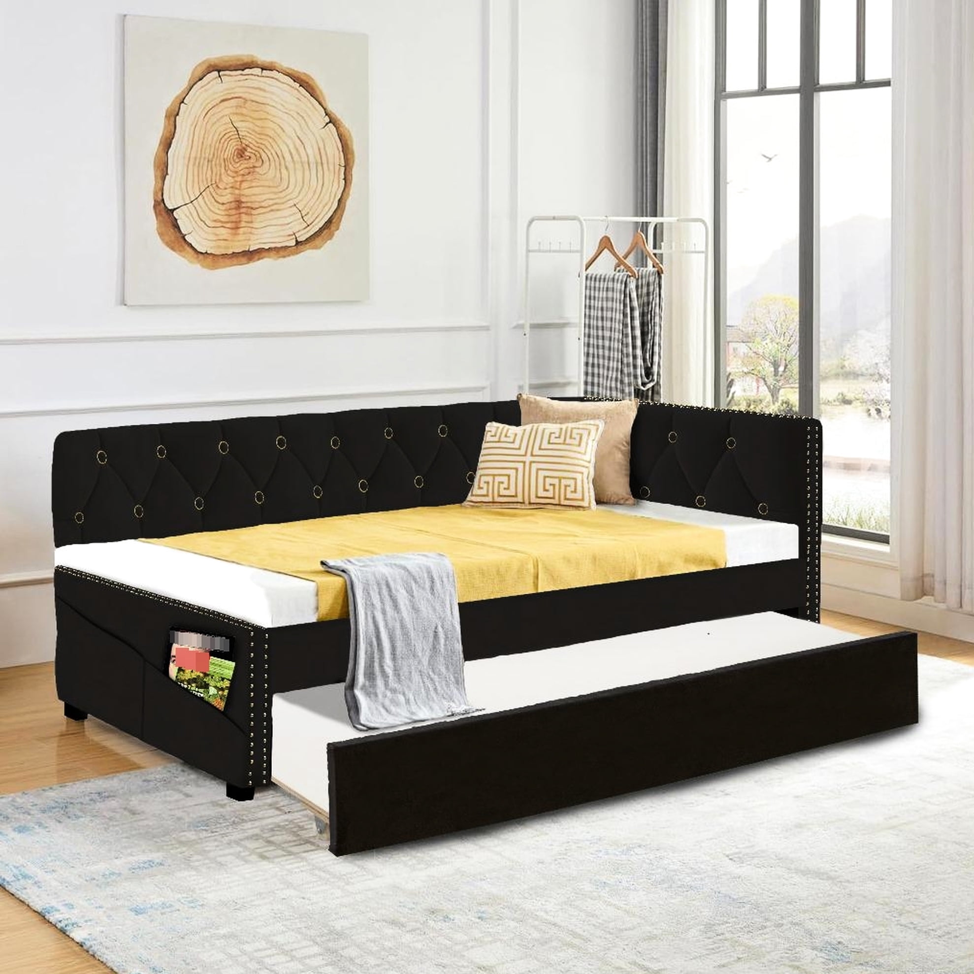 Twin Size Daybed Bed Frame With Black Velvet Upholstery And Trundle ...