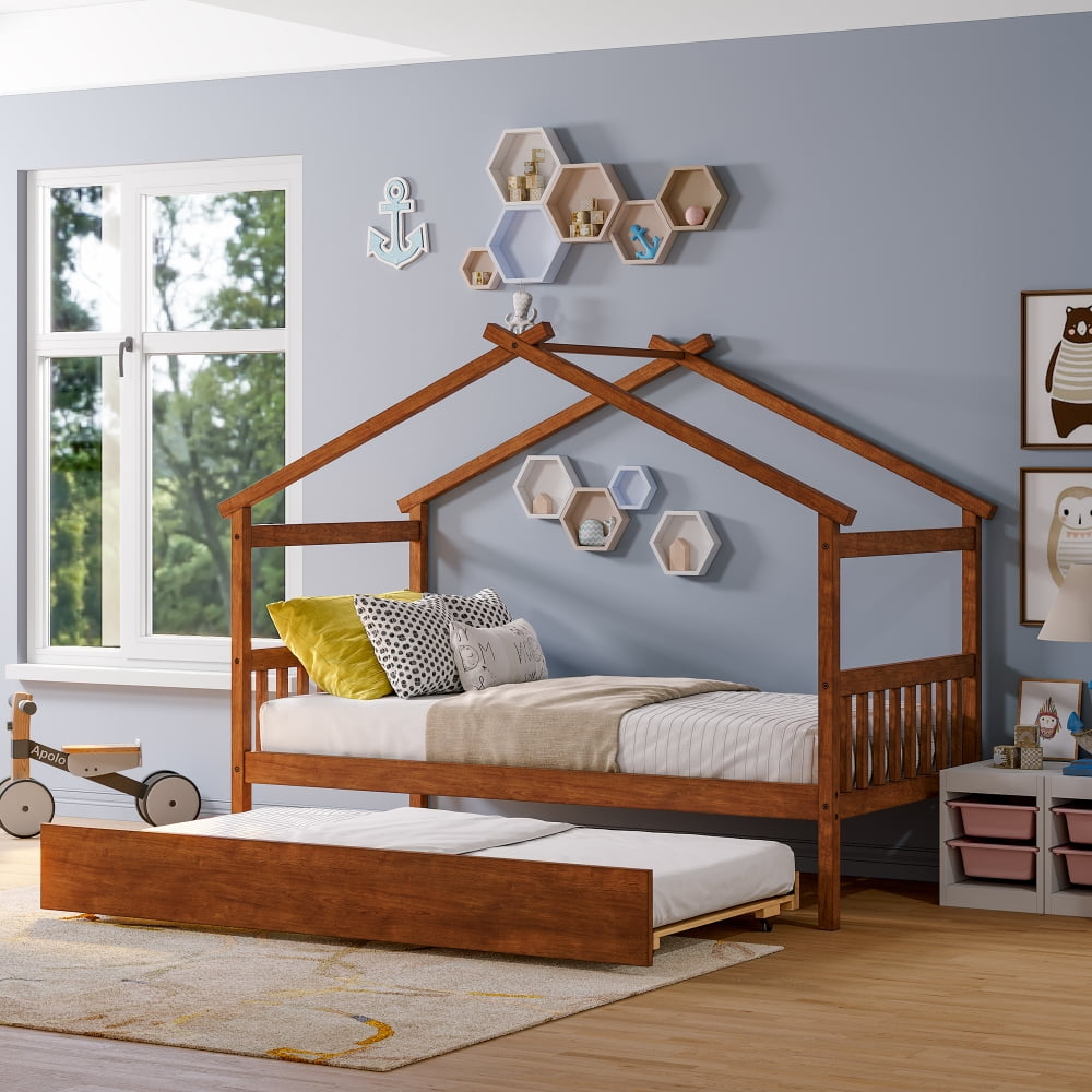 Twin Size Daybed Bed with Trundle, Wooden House Bed with Slats Support ...