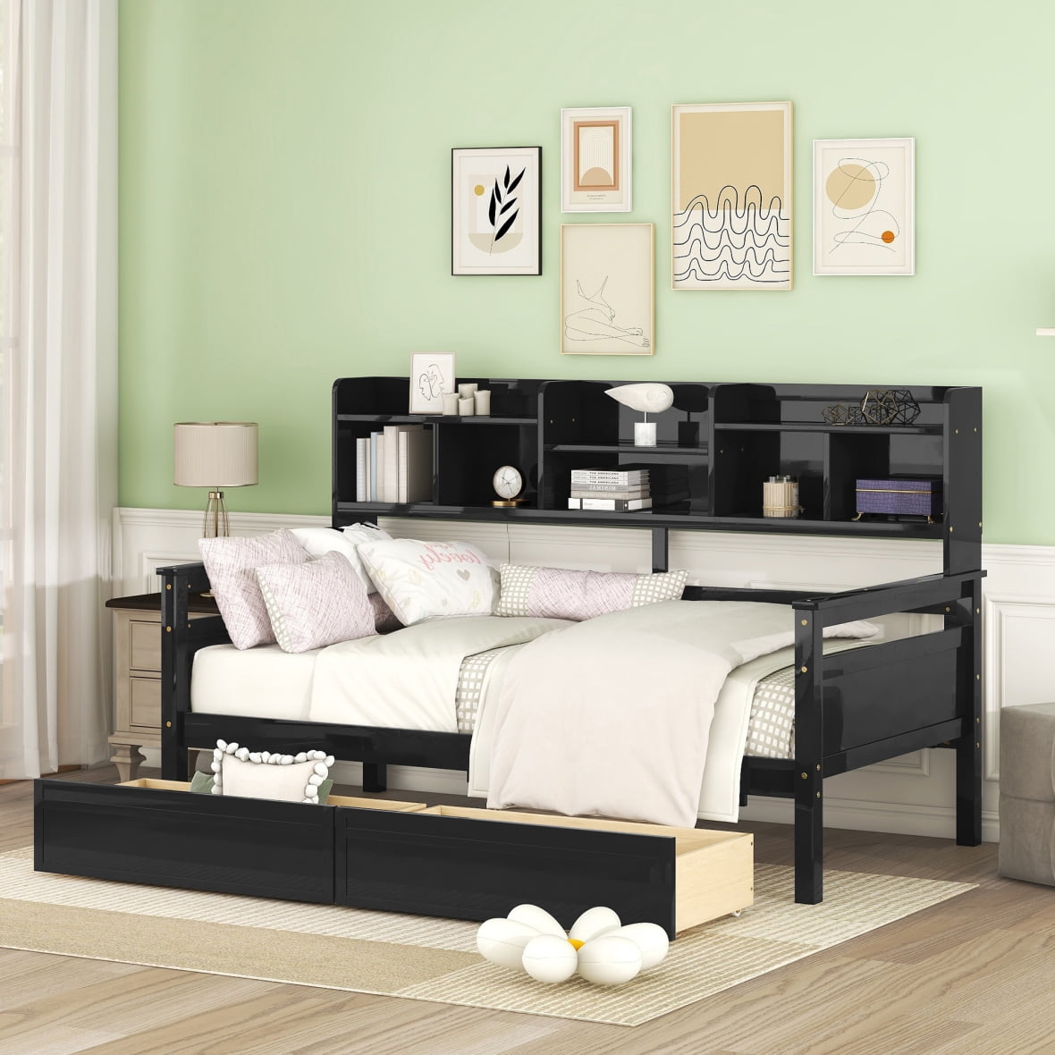 Twin Size Daybed with Bedside Shelf and 2 Storage Drawers, Multi ...